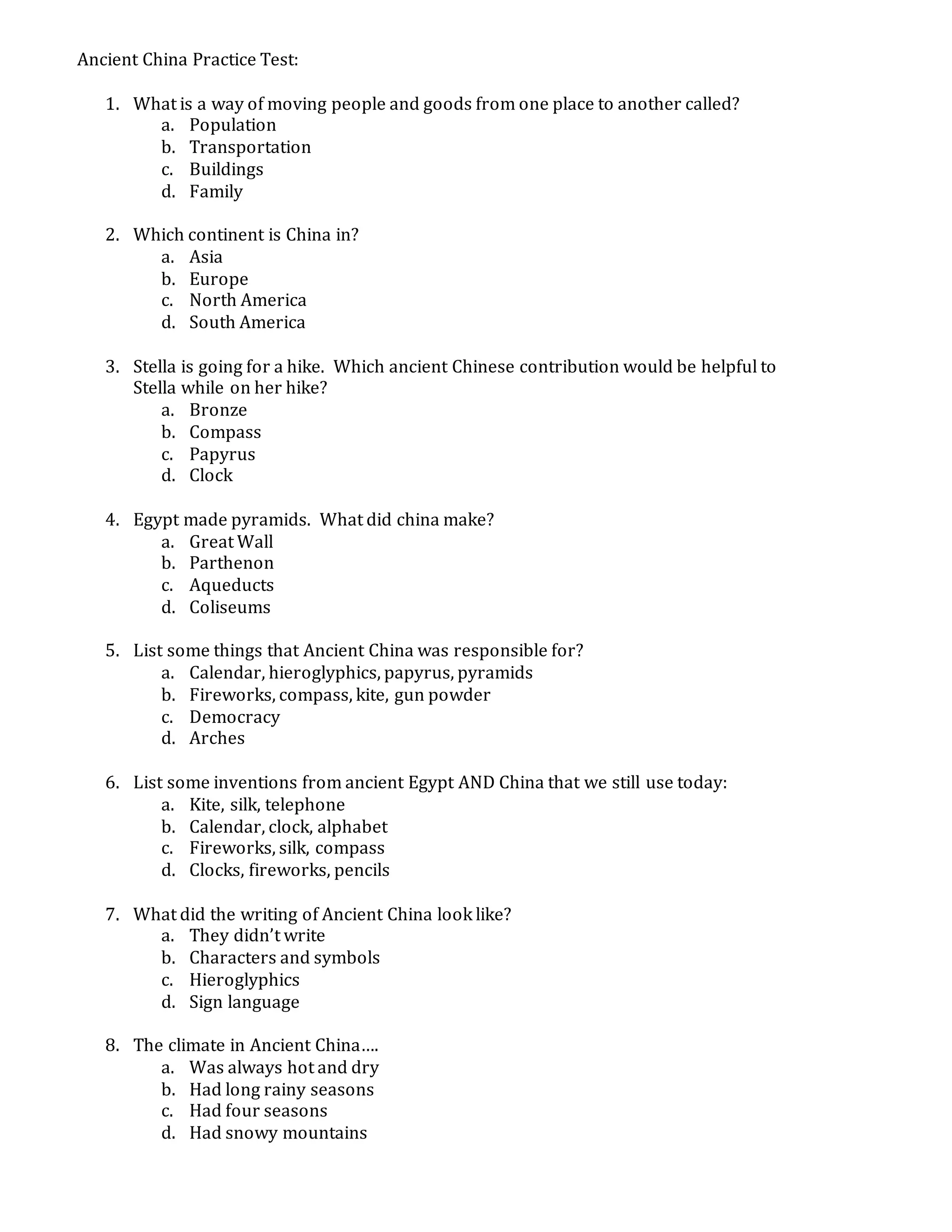 Ancient china practice test | DOCX