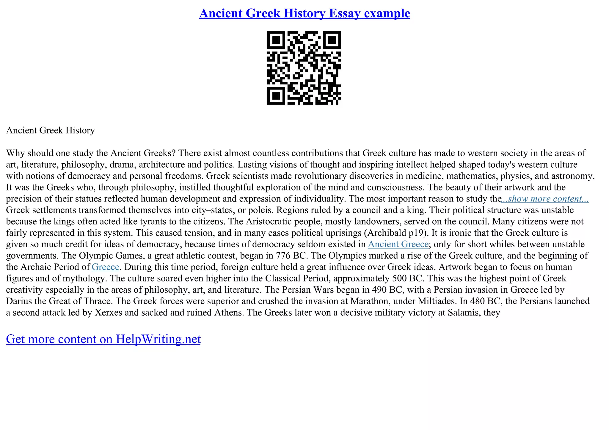 Ancient Greek History Essay Example | PDF