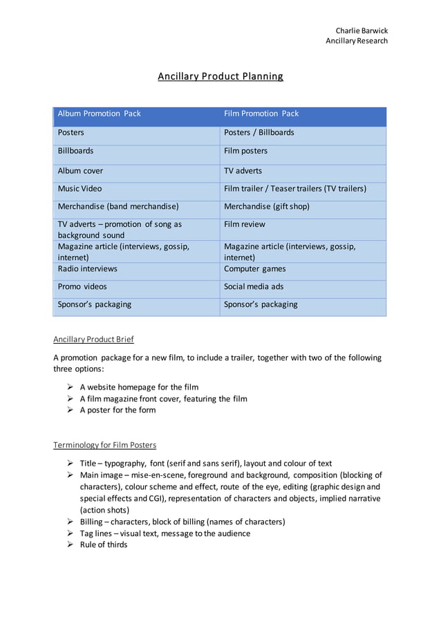 Ancillary Products - planning and analysing | DOCX