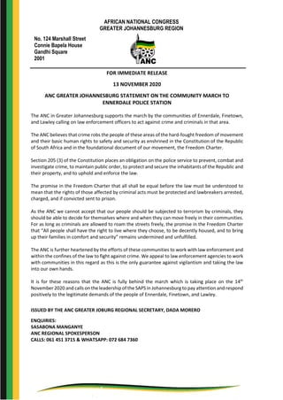Anc jhb statement on the march to ennerdale saps | PDF | Crime ...