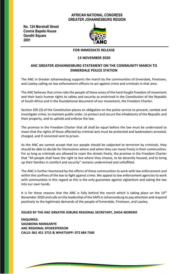 Anc jhb statement on the march to ennerdale saps | PDF
