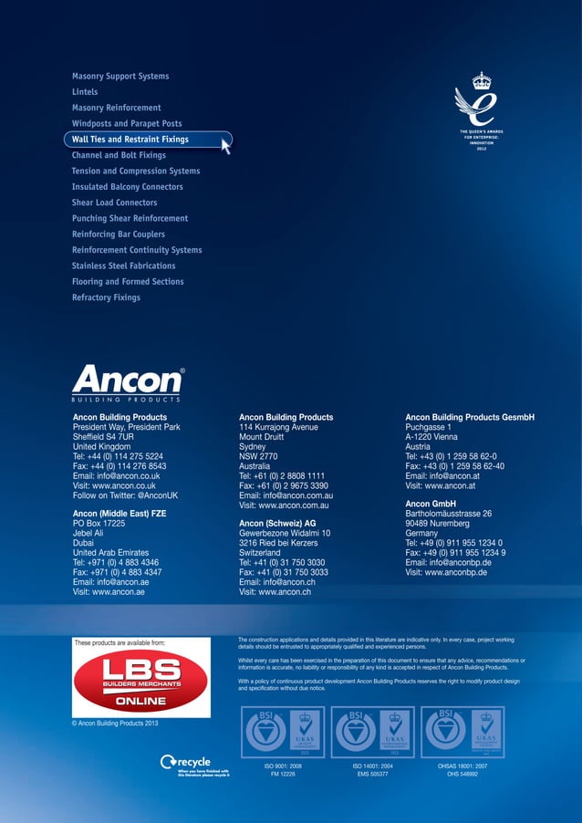 Ancon Wall Ties and Restraint Fixings for Brick, Block and Stone | PDF