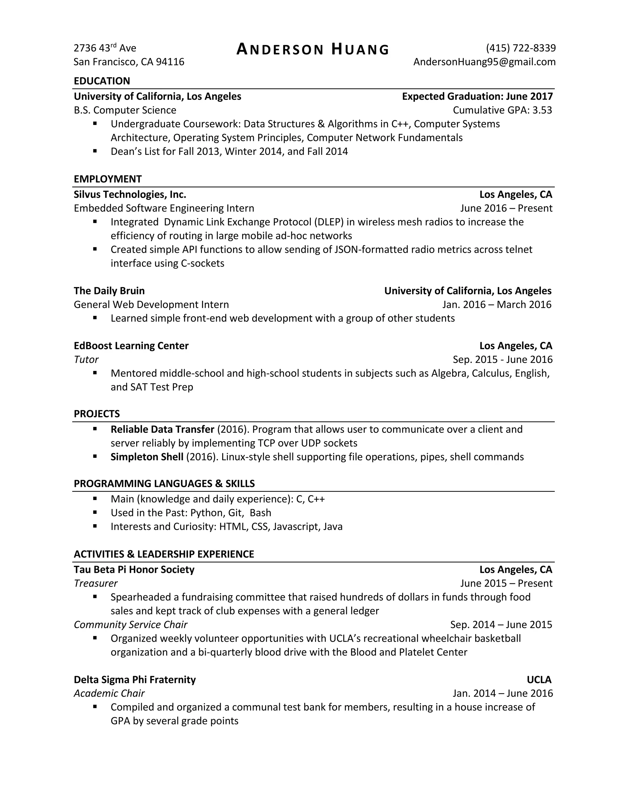 Anderson_Huang_Resume | PDF | Computing | Technology & Computing