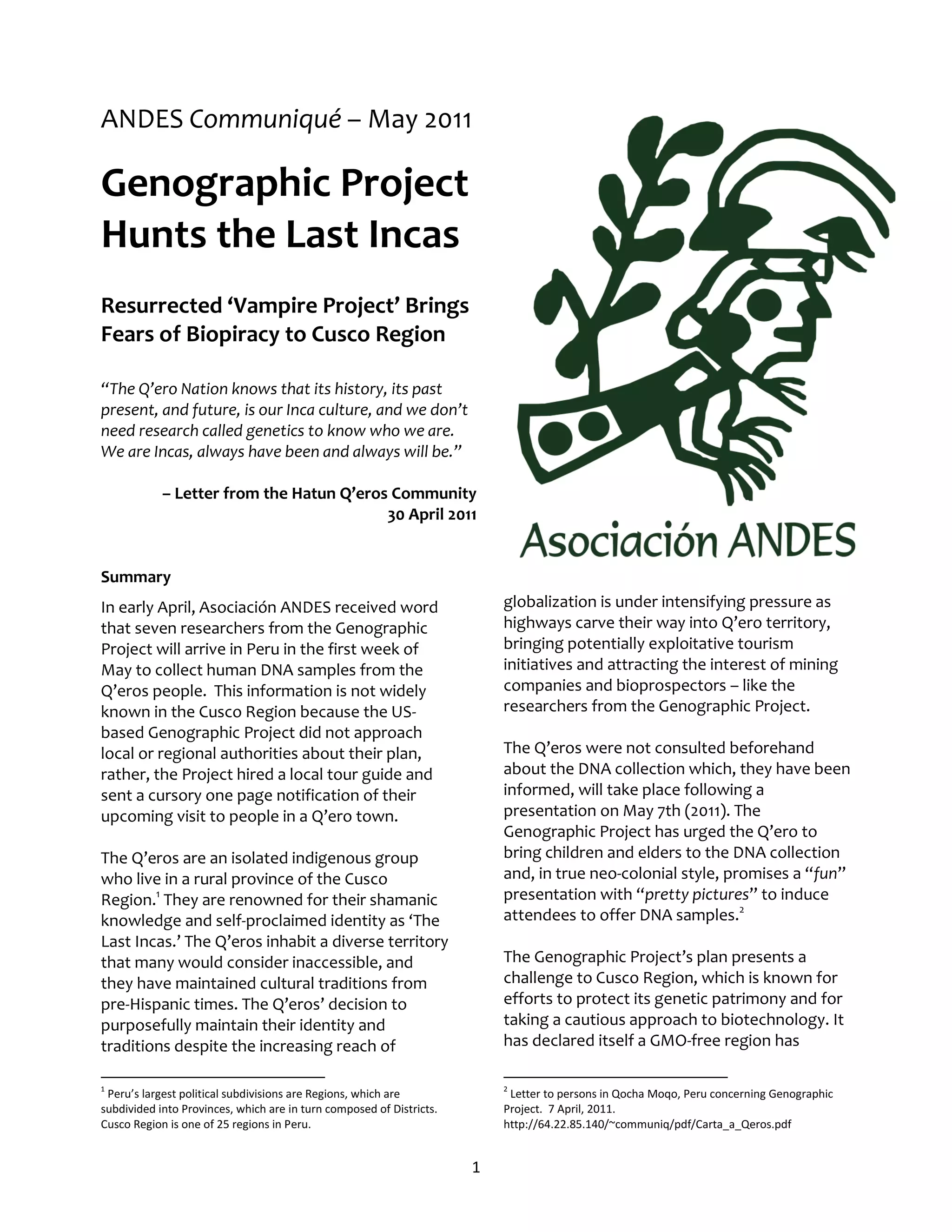 Andes communique genographic_project_hunts_the_last_incas | PDF
