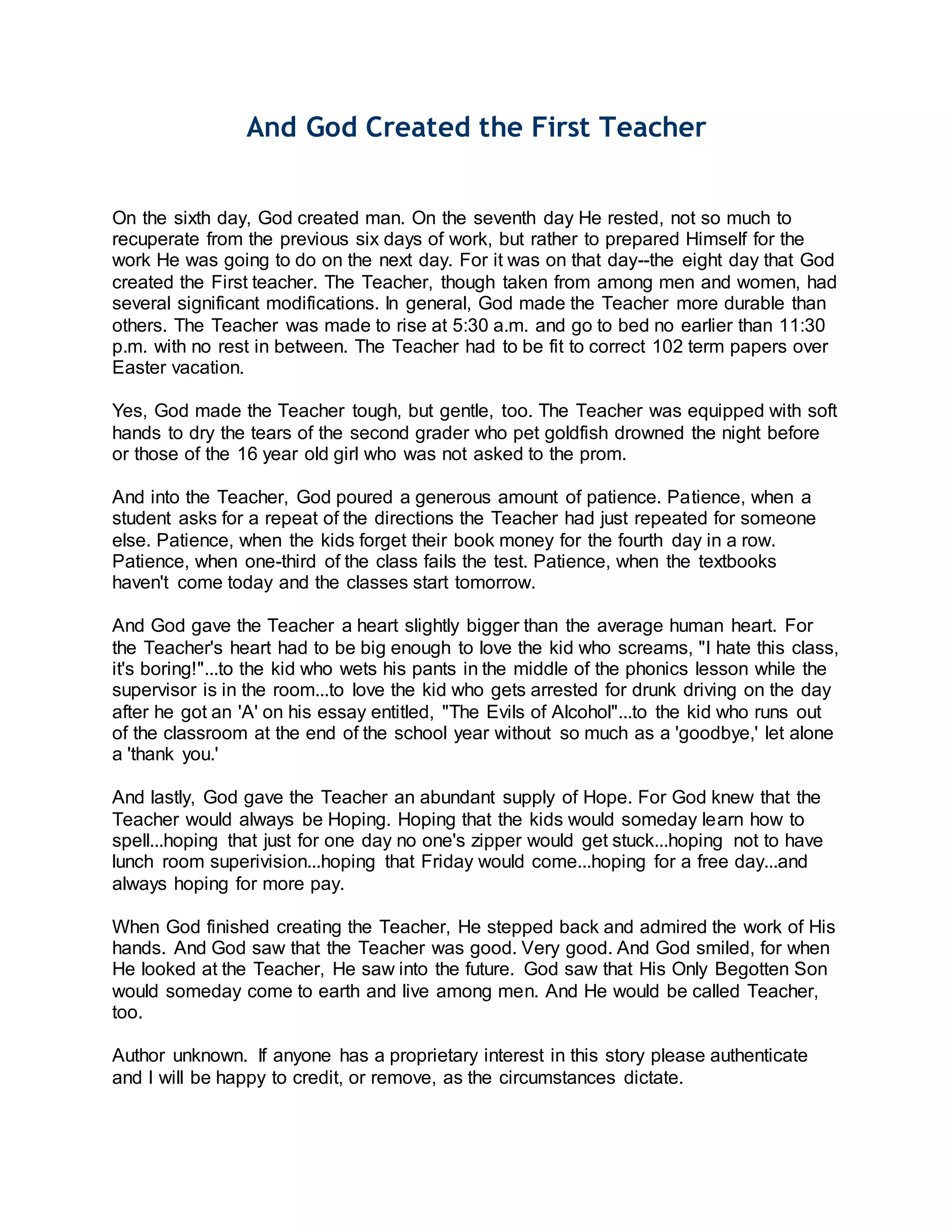 And god created the first teacher | DOCX