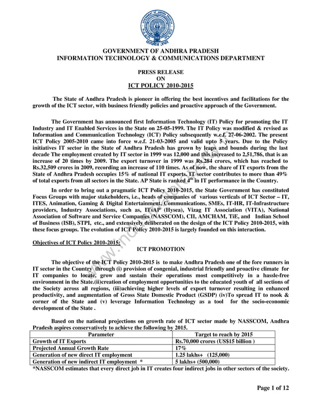 Andhra Pradesh Information and Communications Technology ICT policy ...