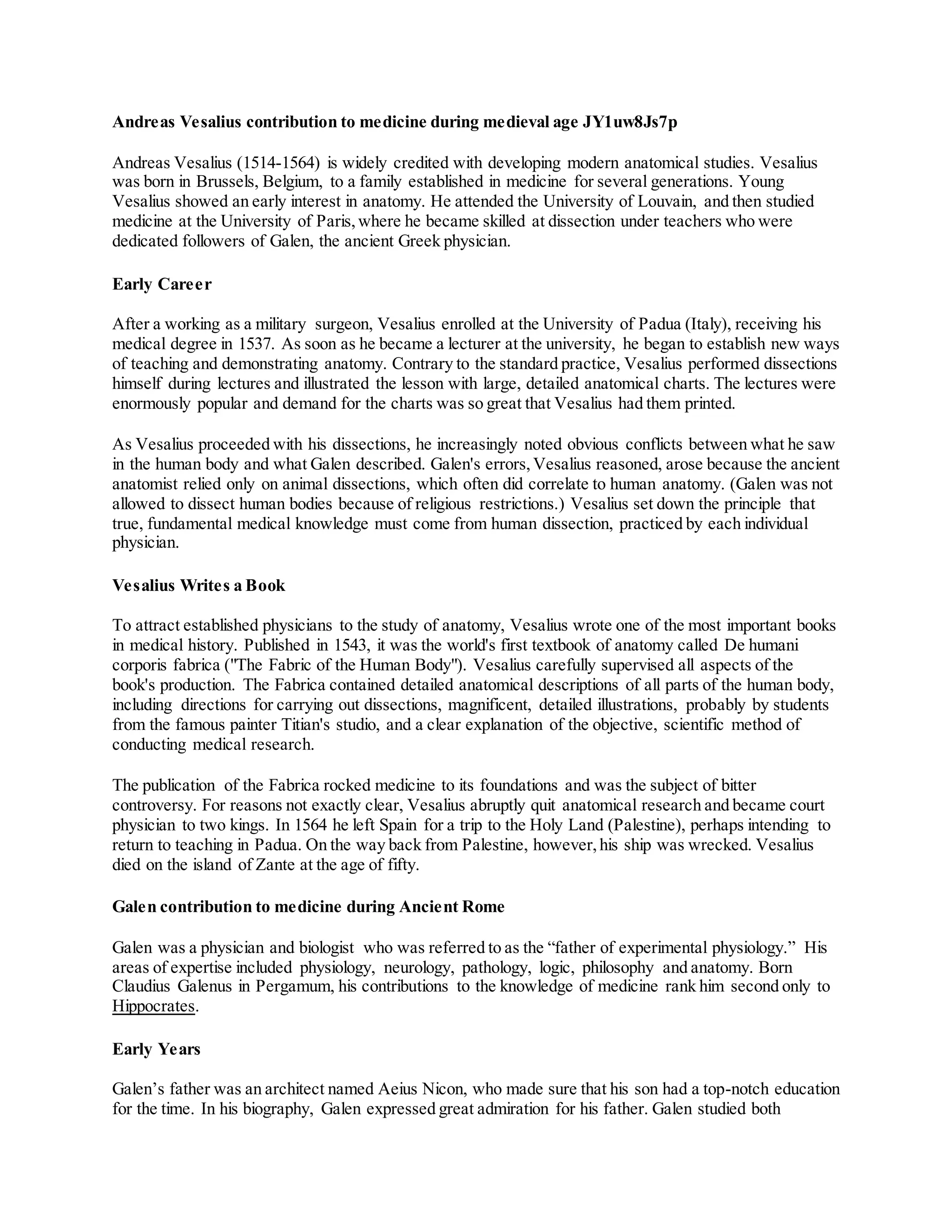 Andreas vesalius contribution to medicine during medieval age | DOCX