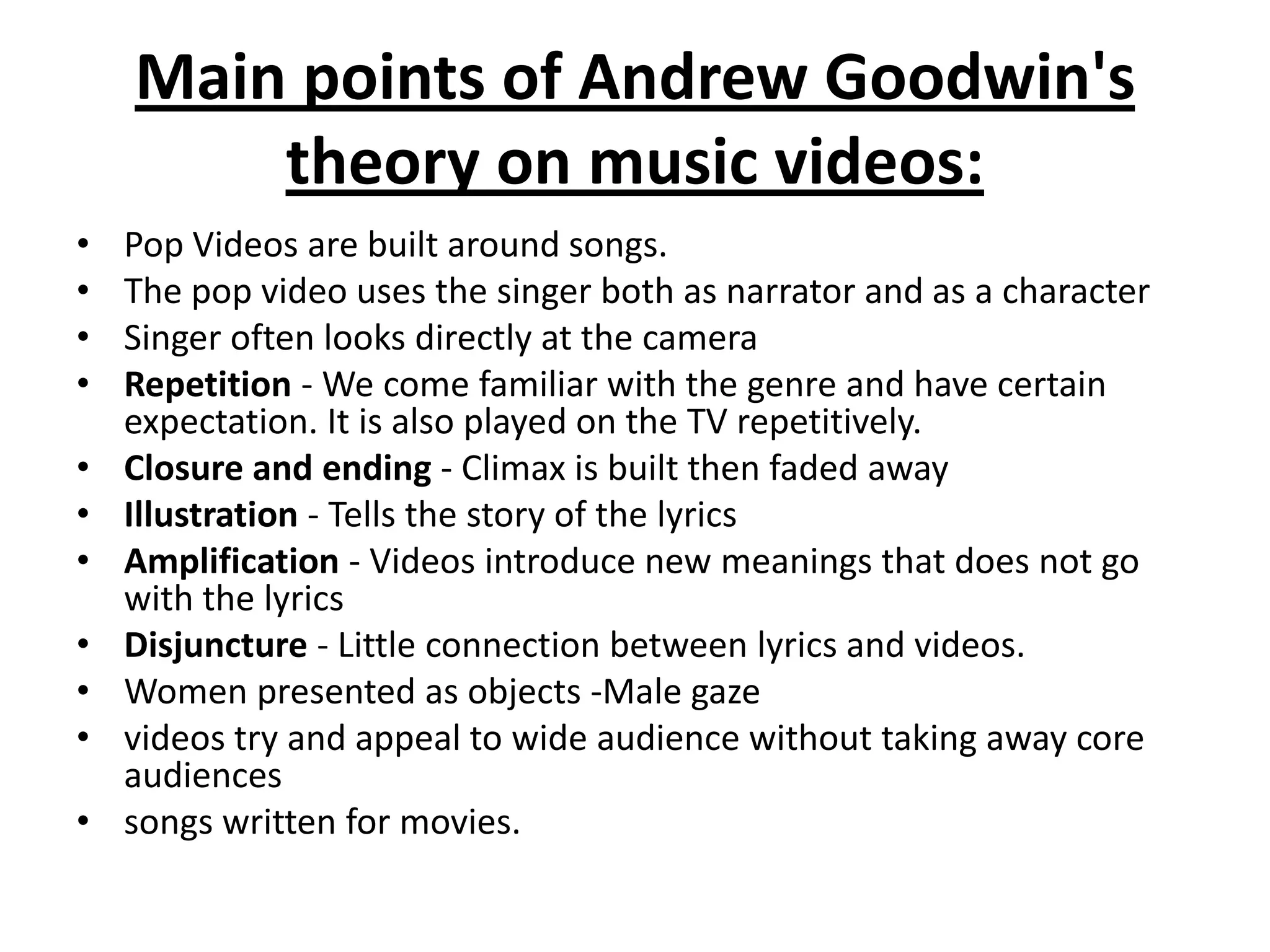 Andrew goodwin theory | PPTX | Music Video | Genres