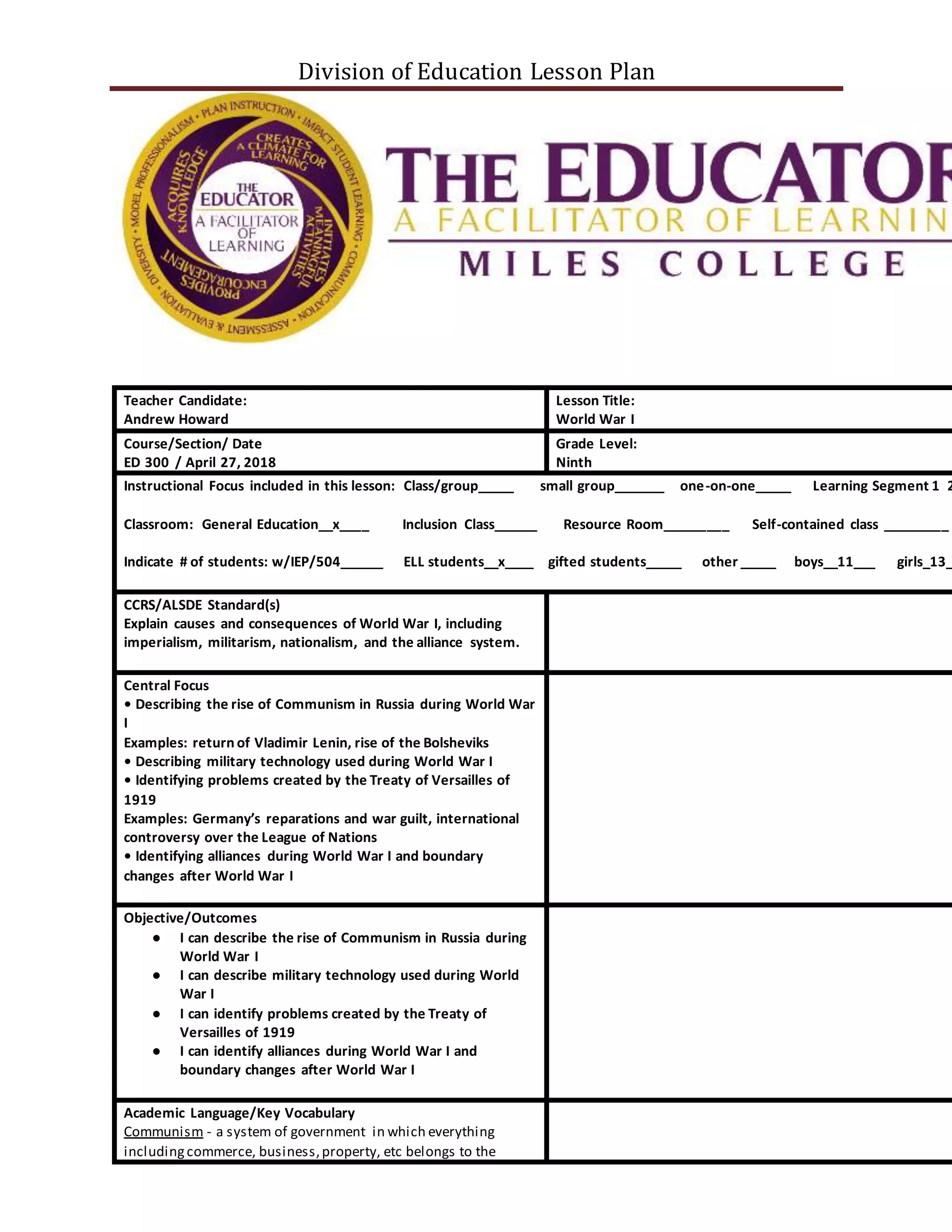 Andrew Howard TPACK lesson plan | DOCX