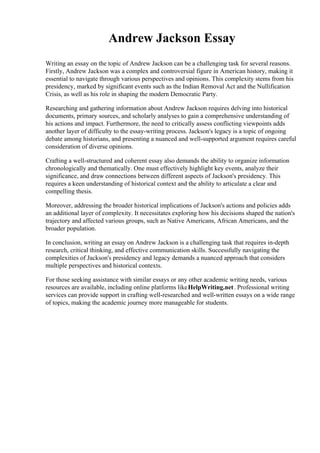 Andrew Jackson Essay. Shenandoah University | PDF
