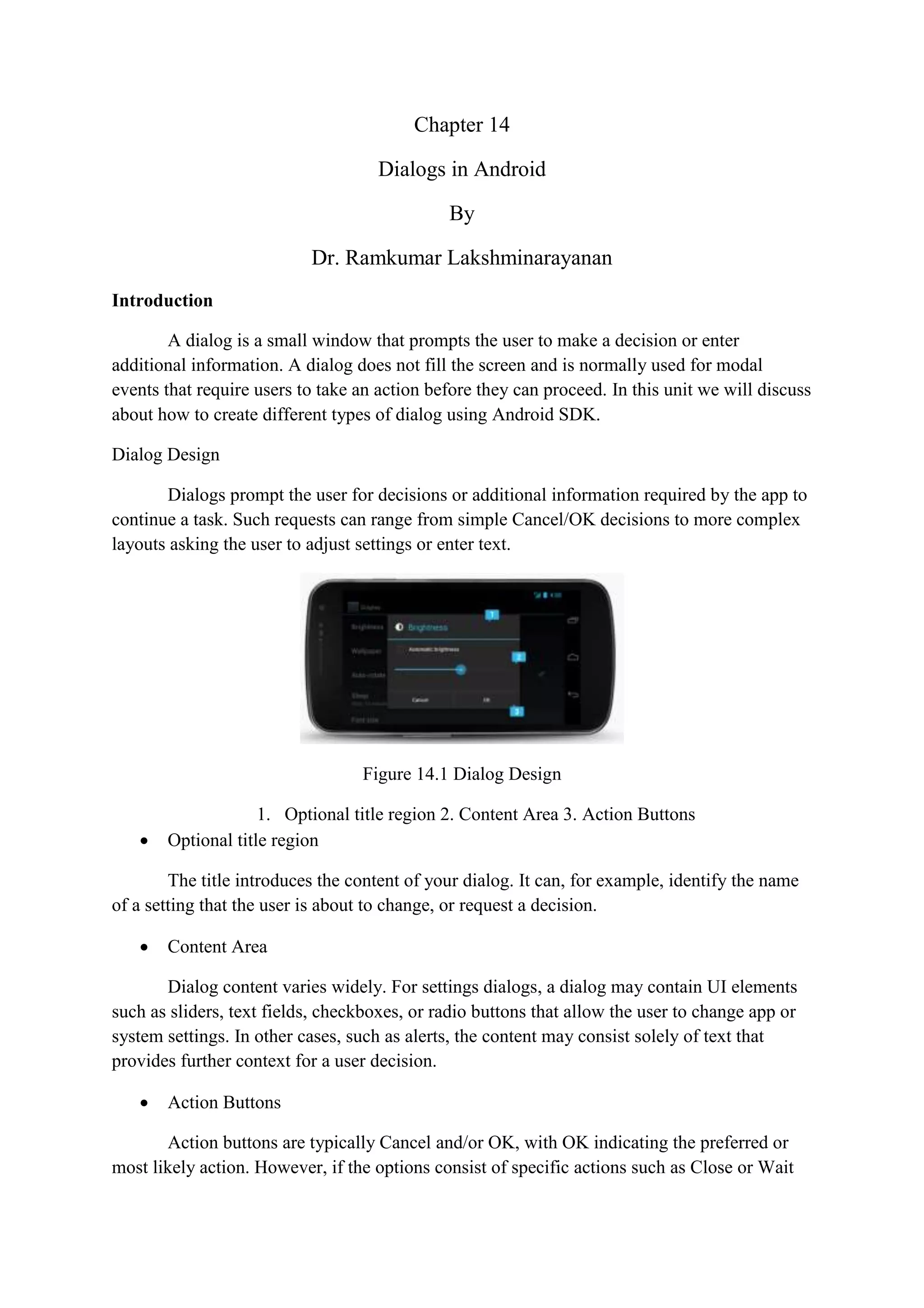 Android-dialogs in android-chapter14 | DOCX | Operating Systems | Computer Software and Applications