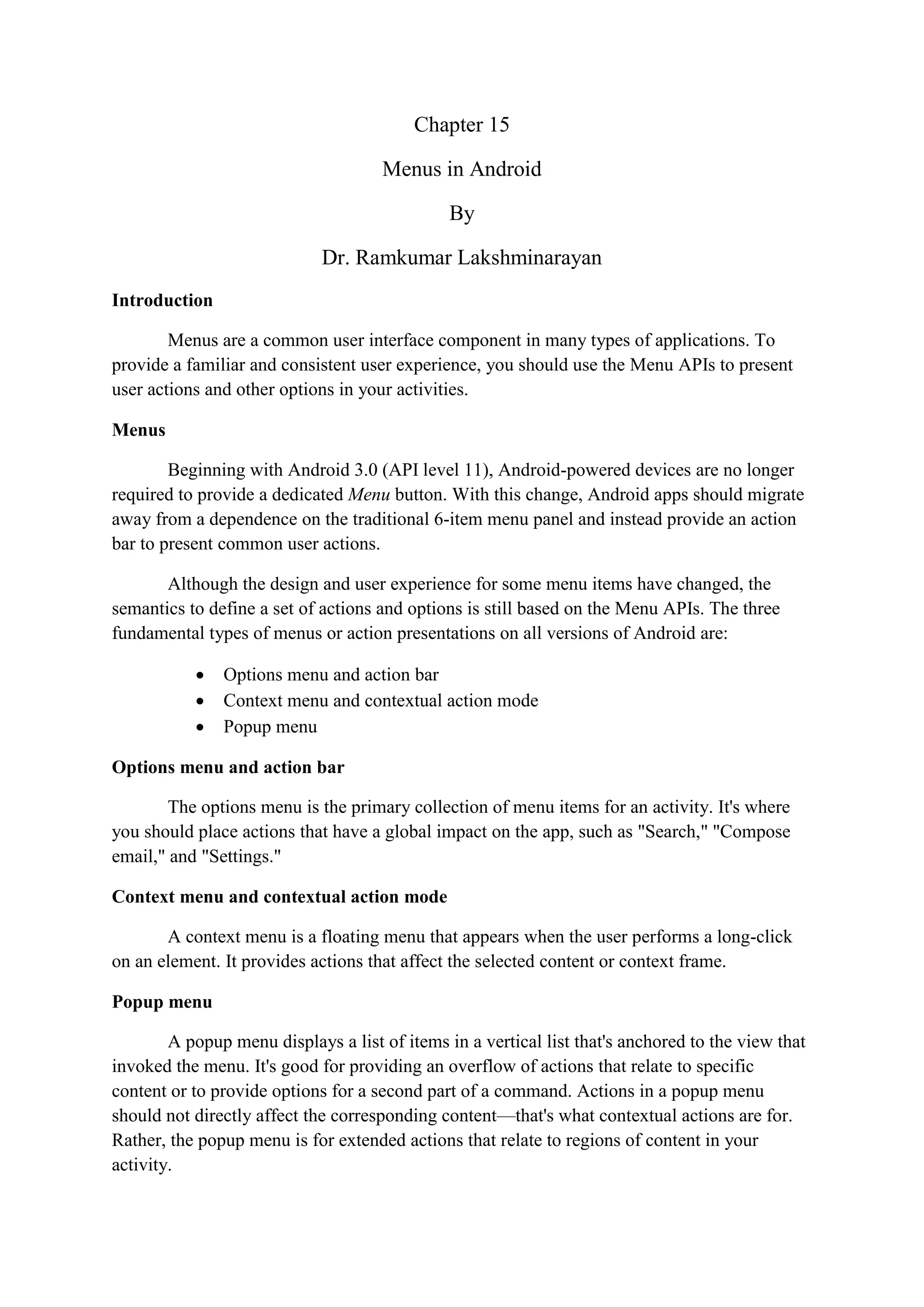 Android menus in android-chapter15 | DOCX | Operating Systems | Computer Software and Applications