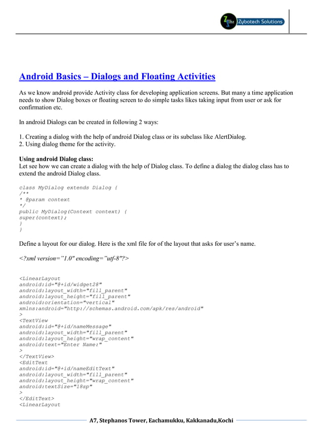 Android basics – dialogs and floating activities | DOCX