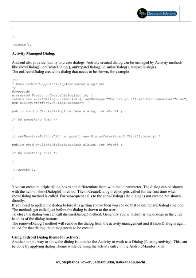 Android basics – dialogs and floating activities | DOCX