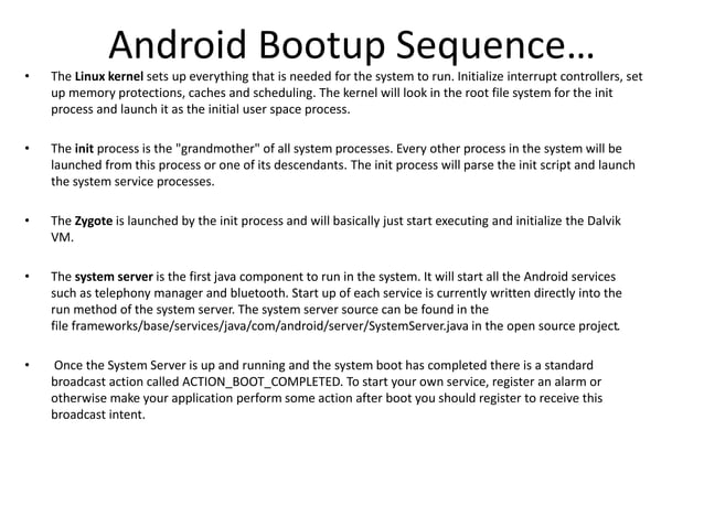 Android bootup process | PPTX | Operating Systems | Computer Software and Applications