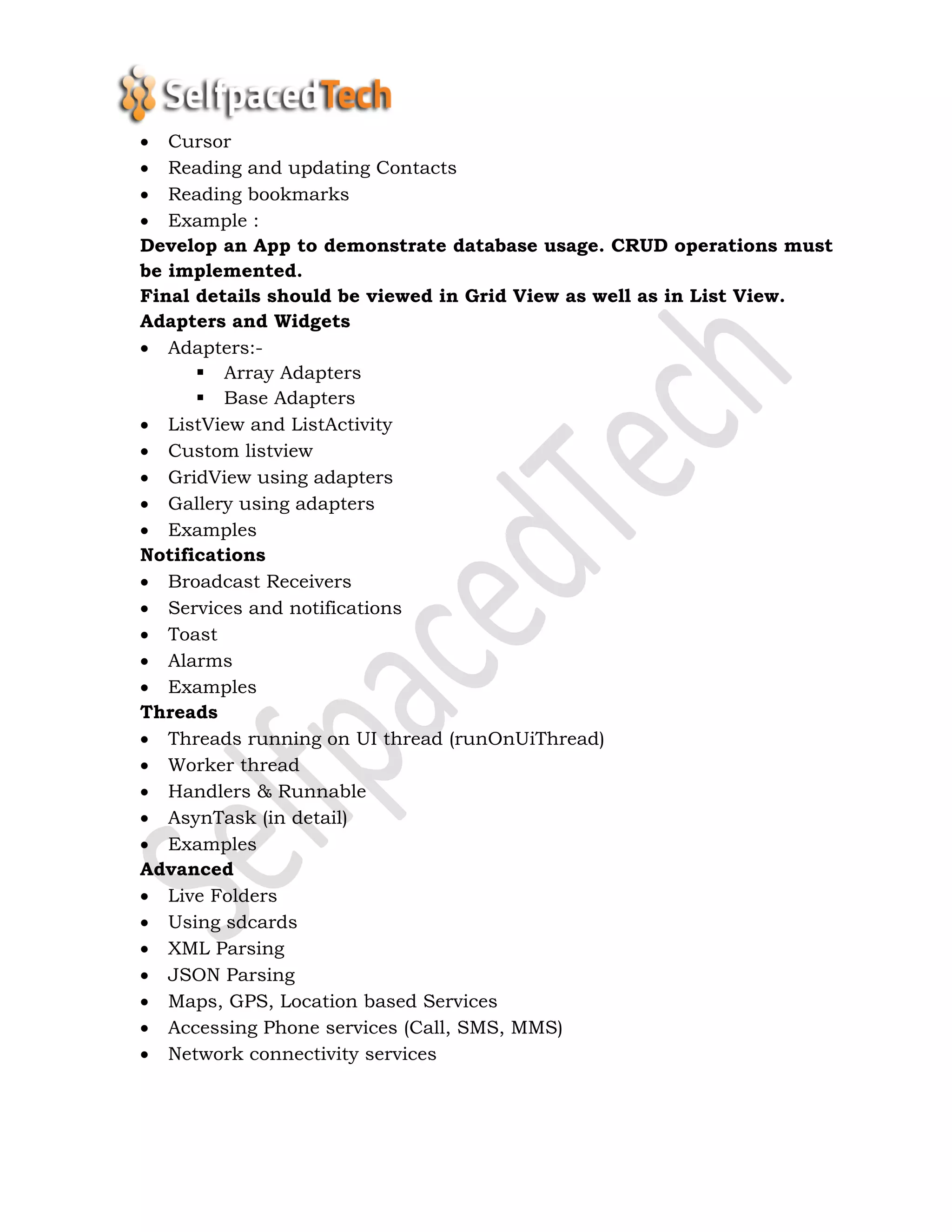 Android course contents|SelfpacedTech | PDF