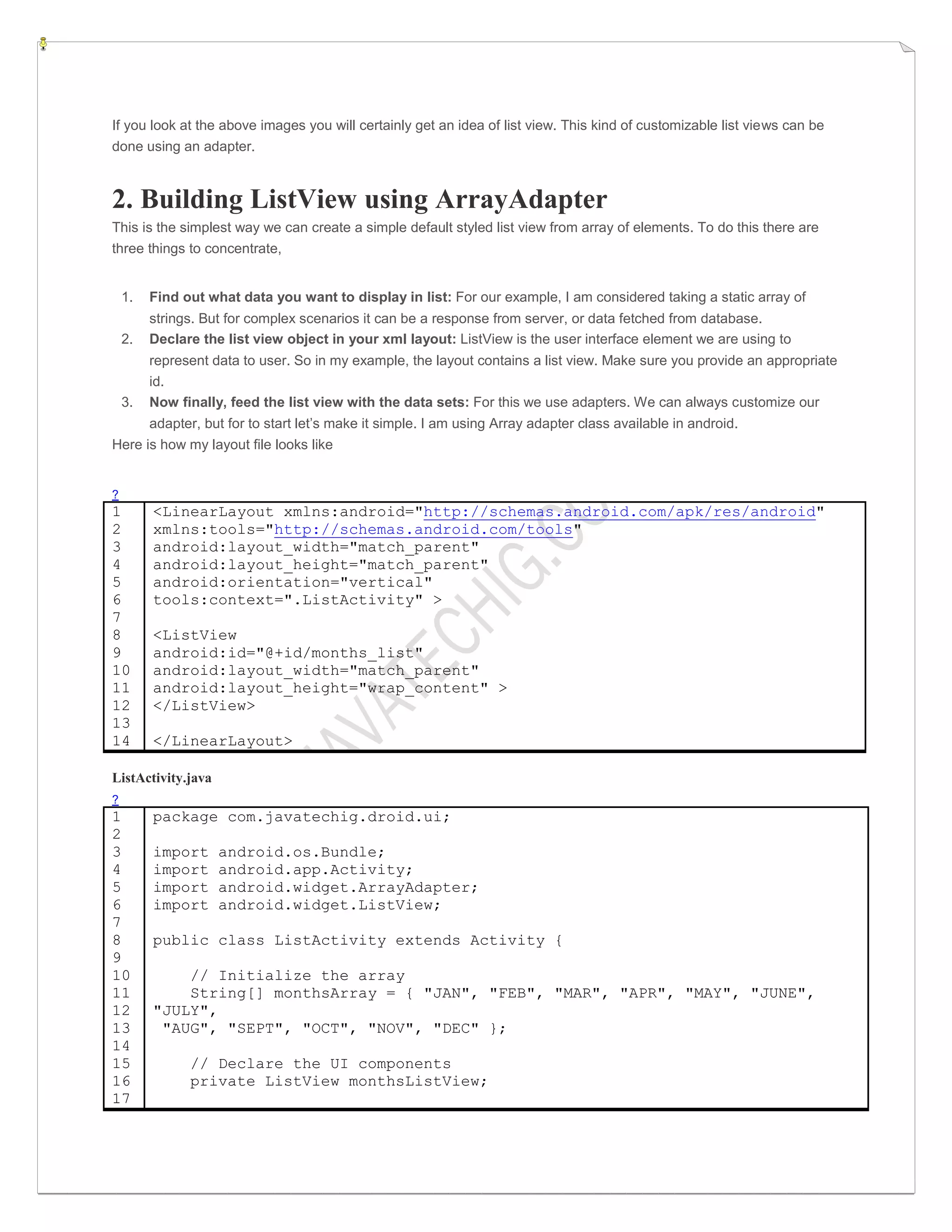 Android list view tutorial by Javatechig | PDF