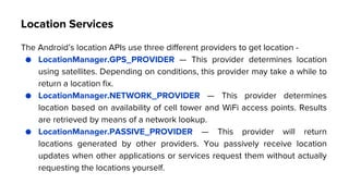 Android location and sensors API | PPTX | Operating Systems | Computer Software and Applications