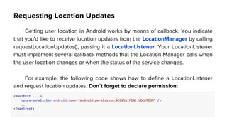 Android location and sensors API | PPTX | Operating Systems | Computer Software and Applications