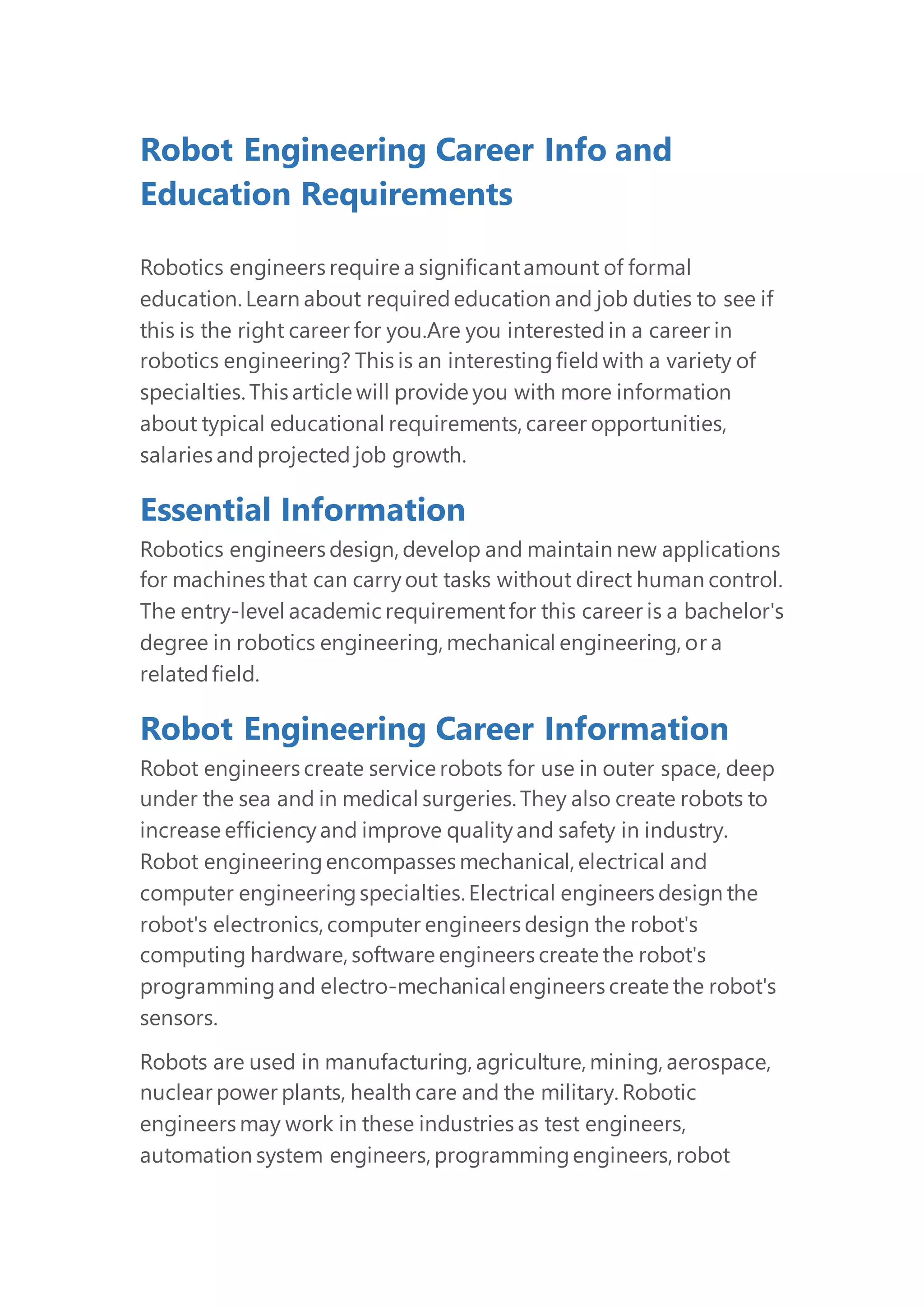 Robot Engineering Career Info and Education Requirements | PDF