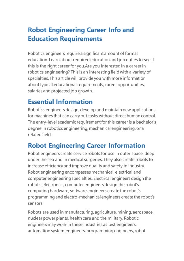 Robot Engineering Career Info and Education Requirements | PDF