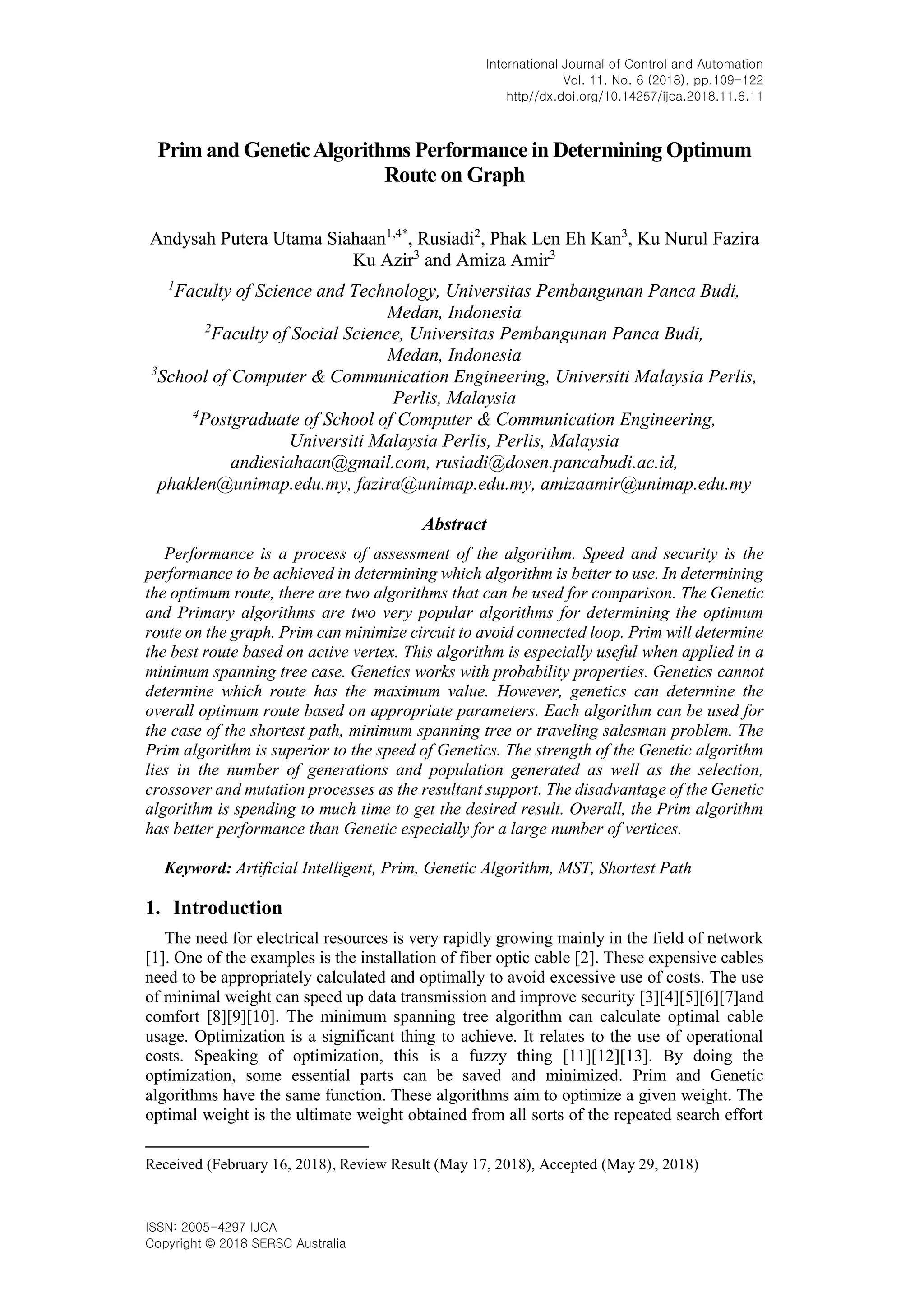 Prim And Genetic Algorithms Performance In Determining Optimum Route On