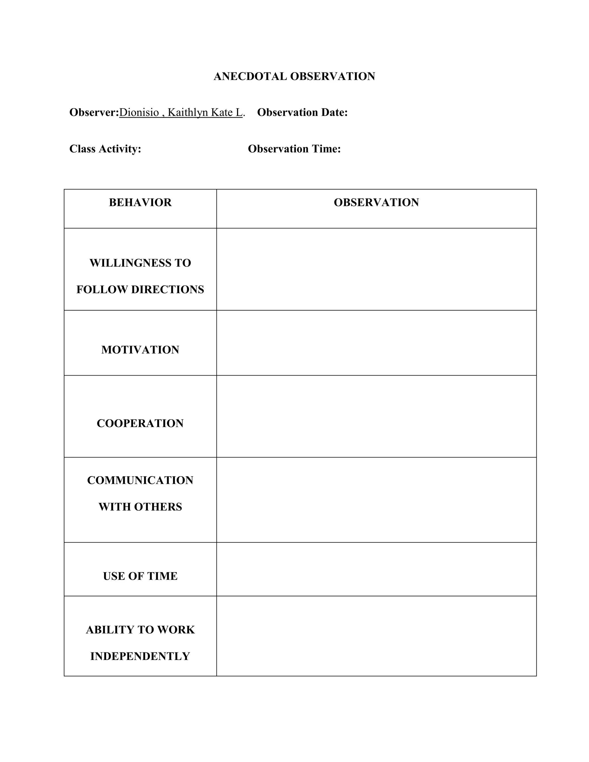 Anecdotal record form | DOCX