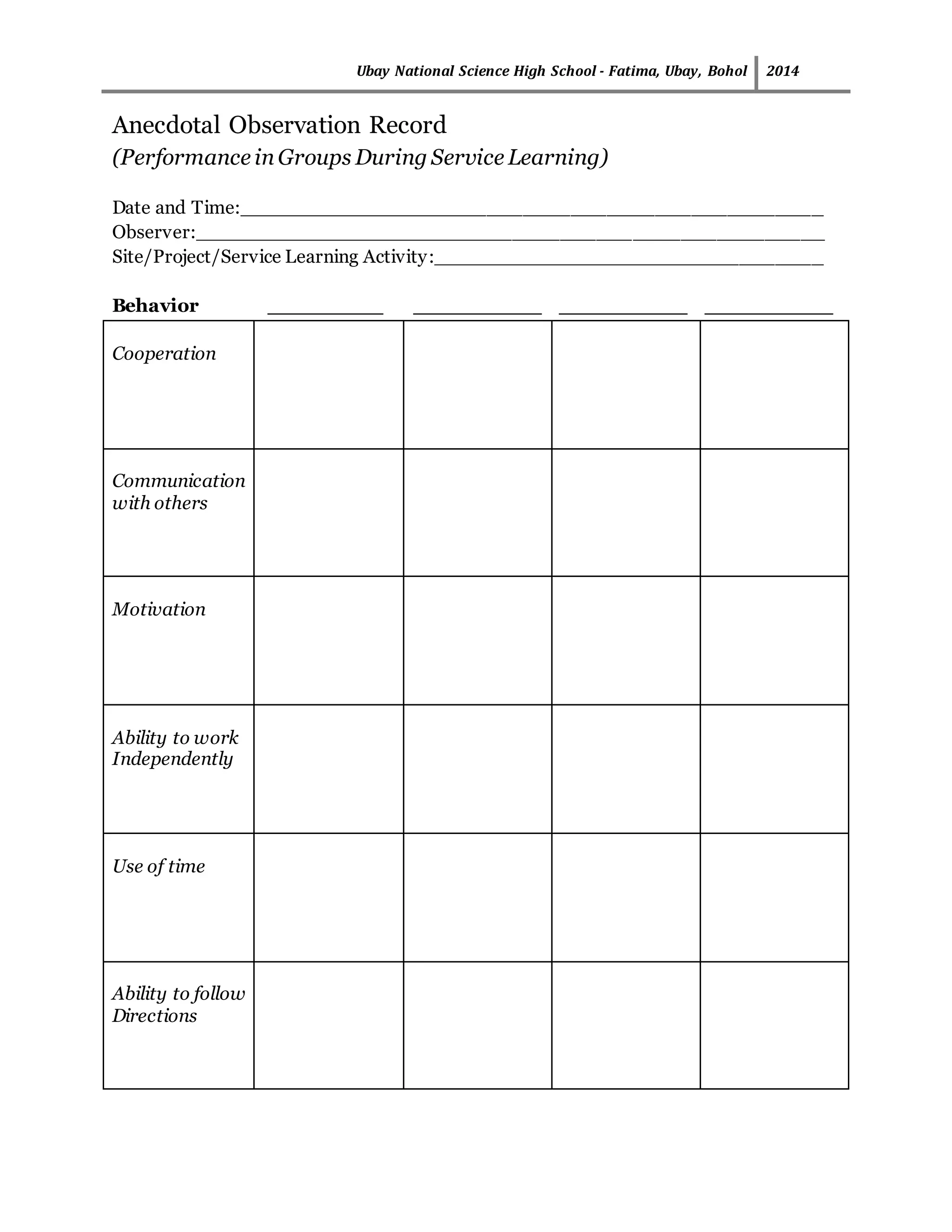 Anecdotal record & observations checklist | DOCX