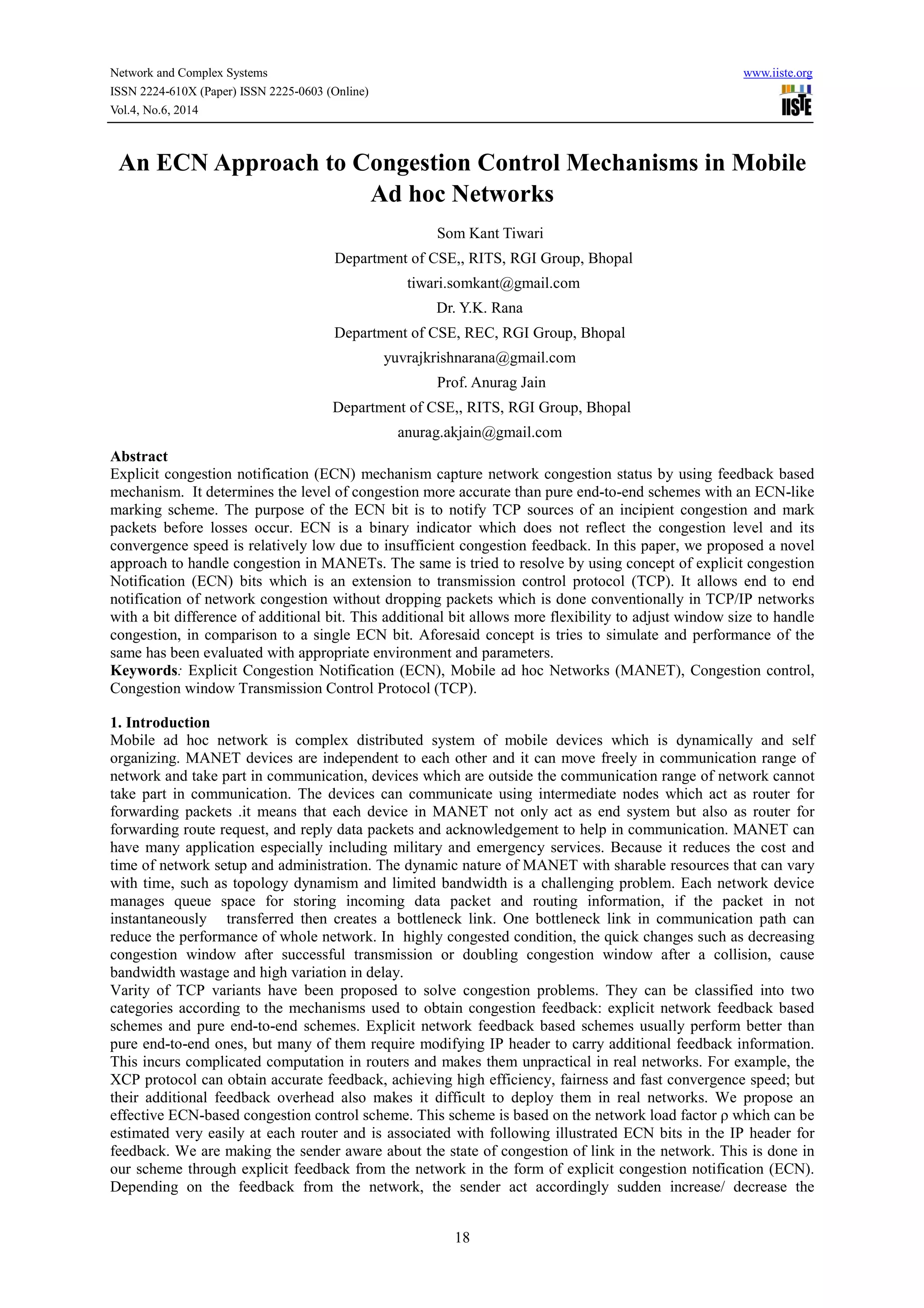 An ecn approach to congestion control mechanisms in mobile ad hoc networks | PDF | Computer ...