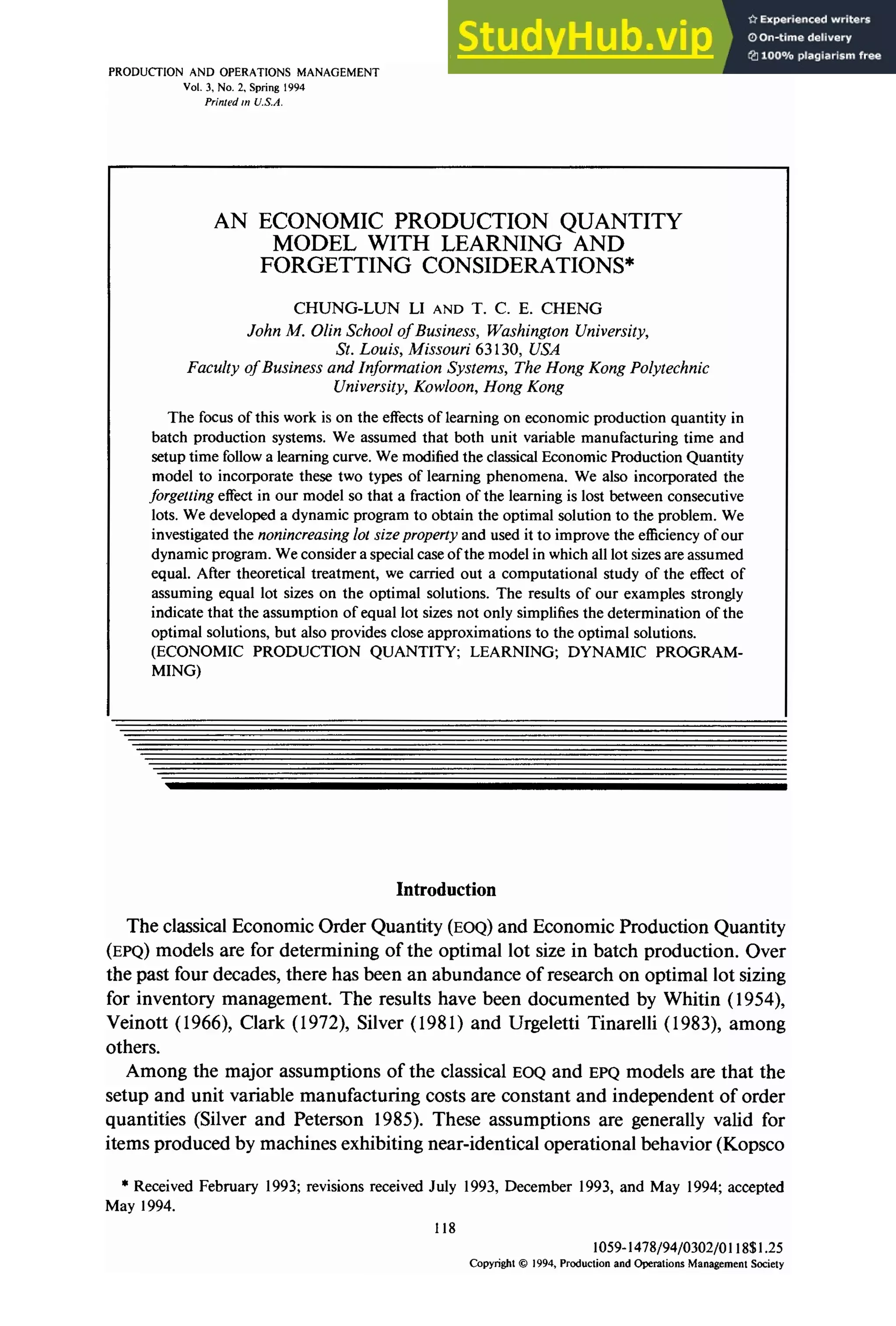 AN ECONOMIC PRODUCTION QUANTITY MODEL WITH LEARNING AND FORGETTING ...