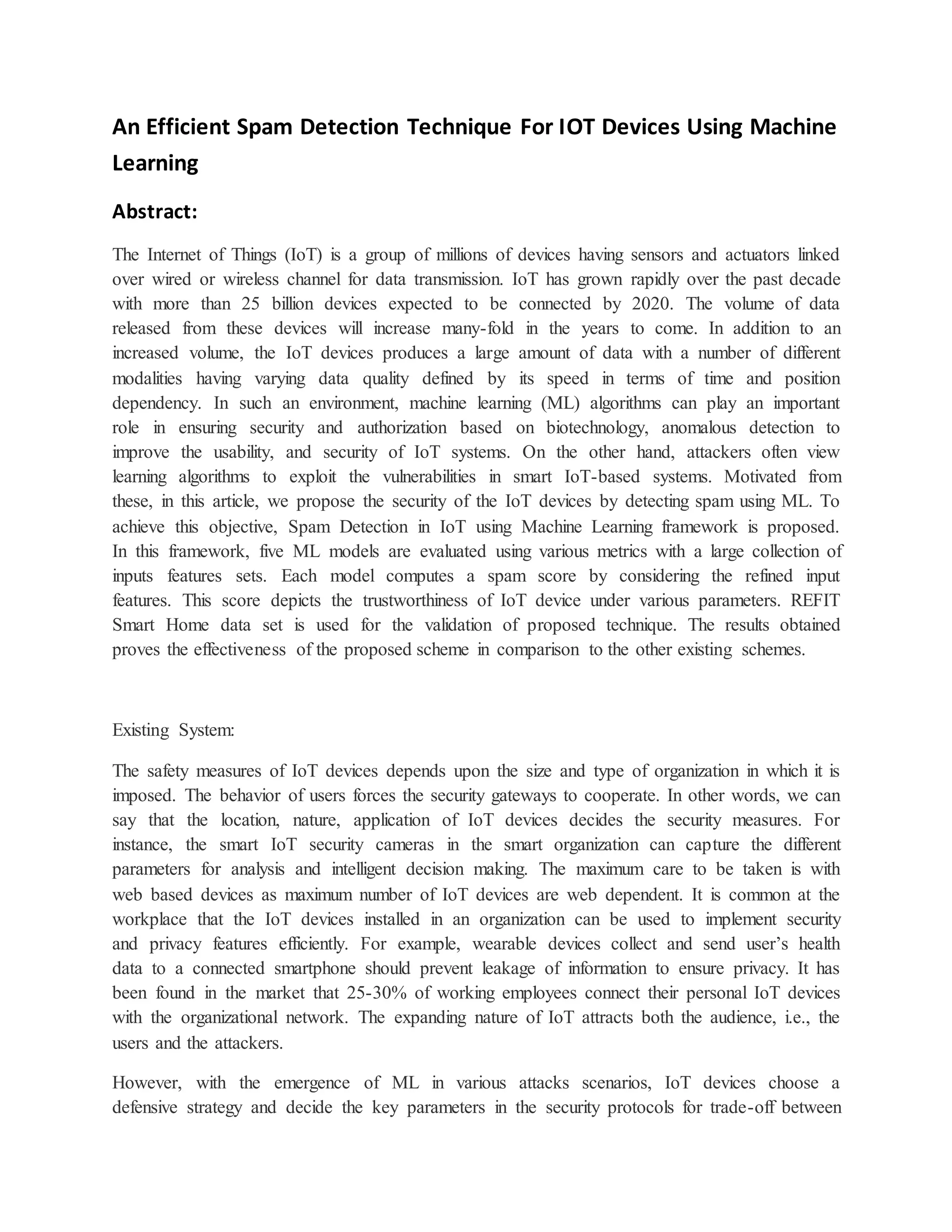 An effecient spam detection technique for io t devices using machine learning | DOCX
