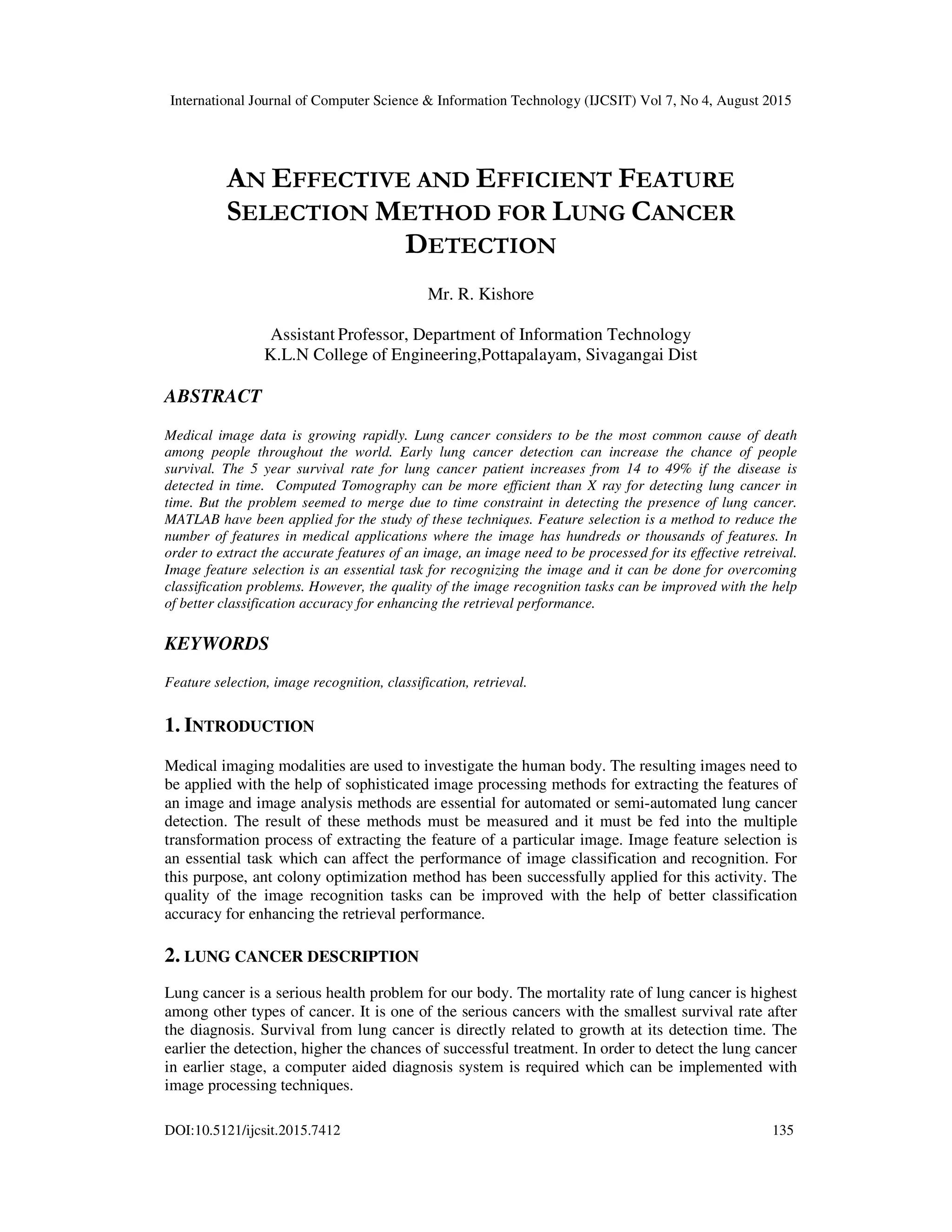 AN EFFECTIVE AND EFFICIENT FEATURE SELECTION METHOD FOR LUNG CANCER DETECTION | PDF