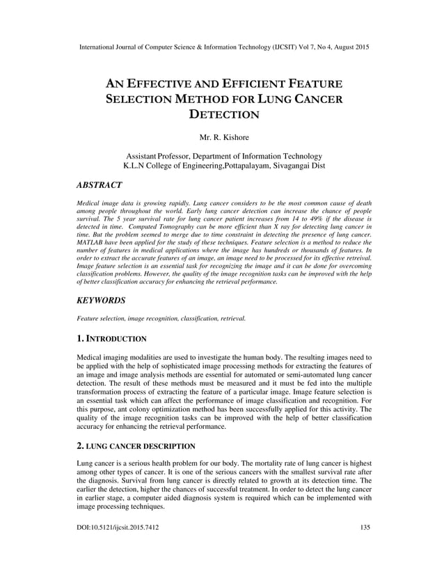 AN EFFECTIVE AND EFFICIENT FEATURE SELECTION METHOD FOR LUNG CANCER DETECTION | PDF