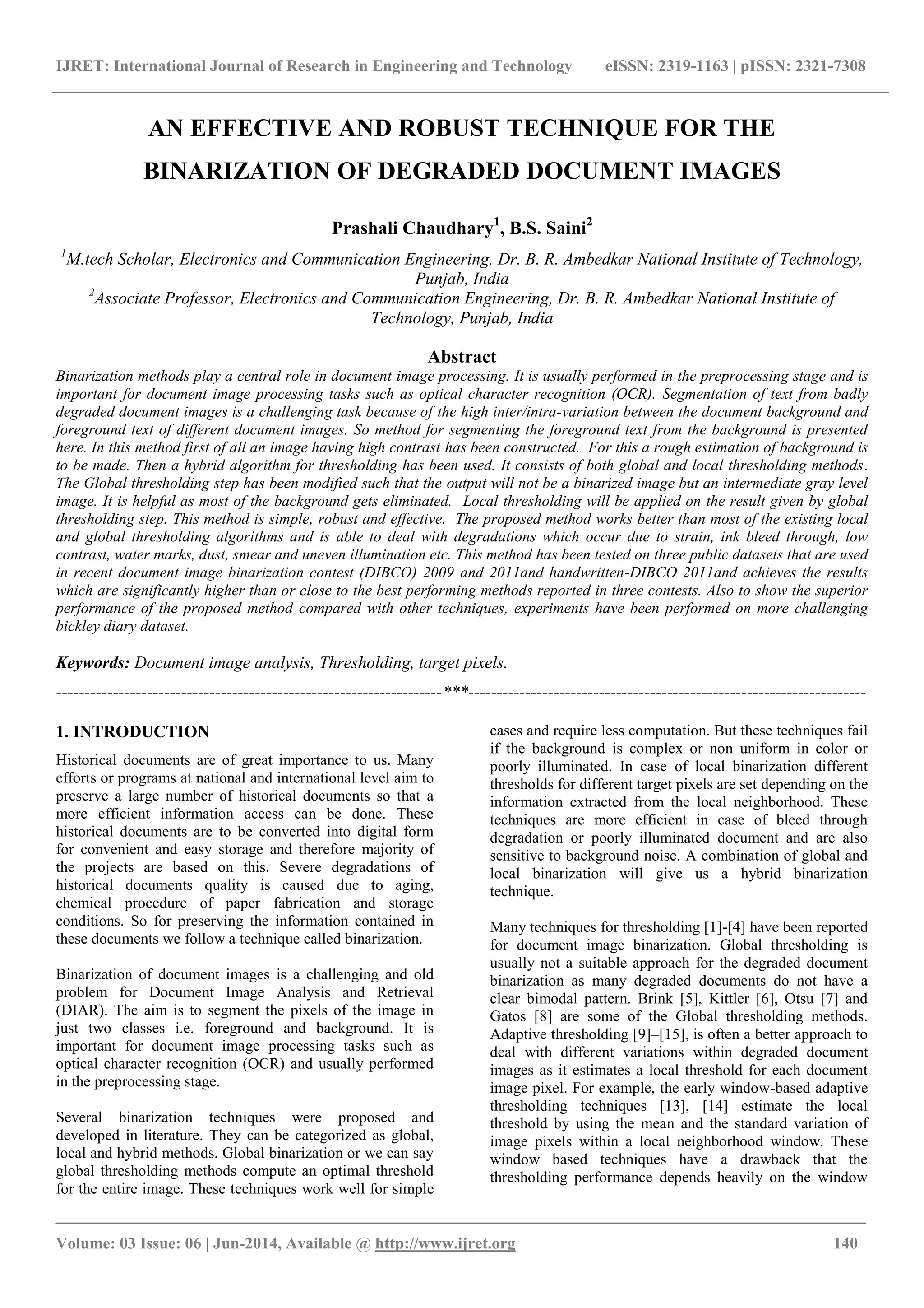 An effective and robust technique for the binarization of degraded document images | PDF