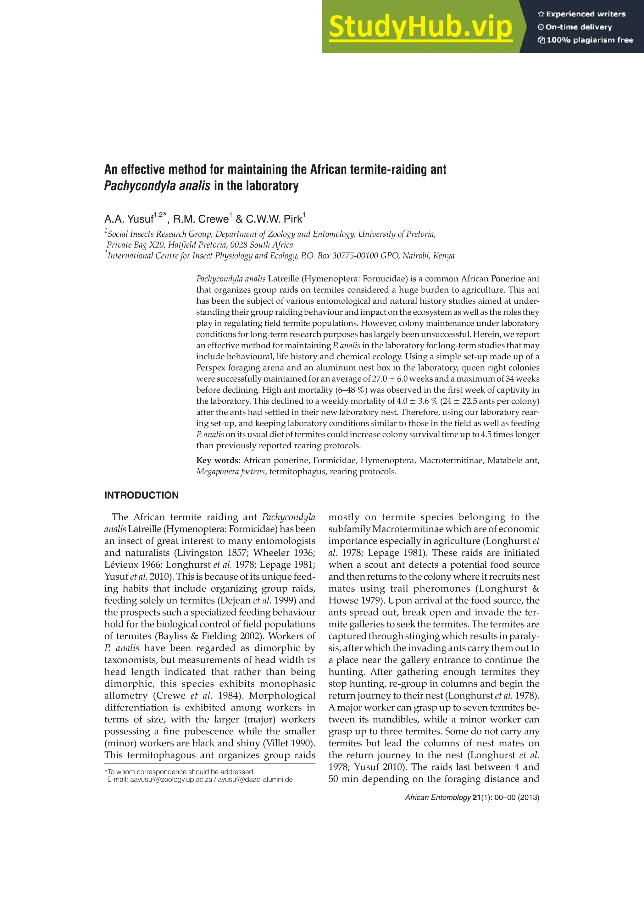 An Effective Method For Maintaining The African Termite-Raiding Ant ...