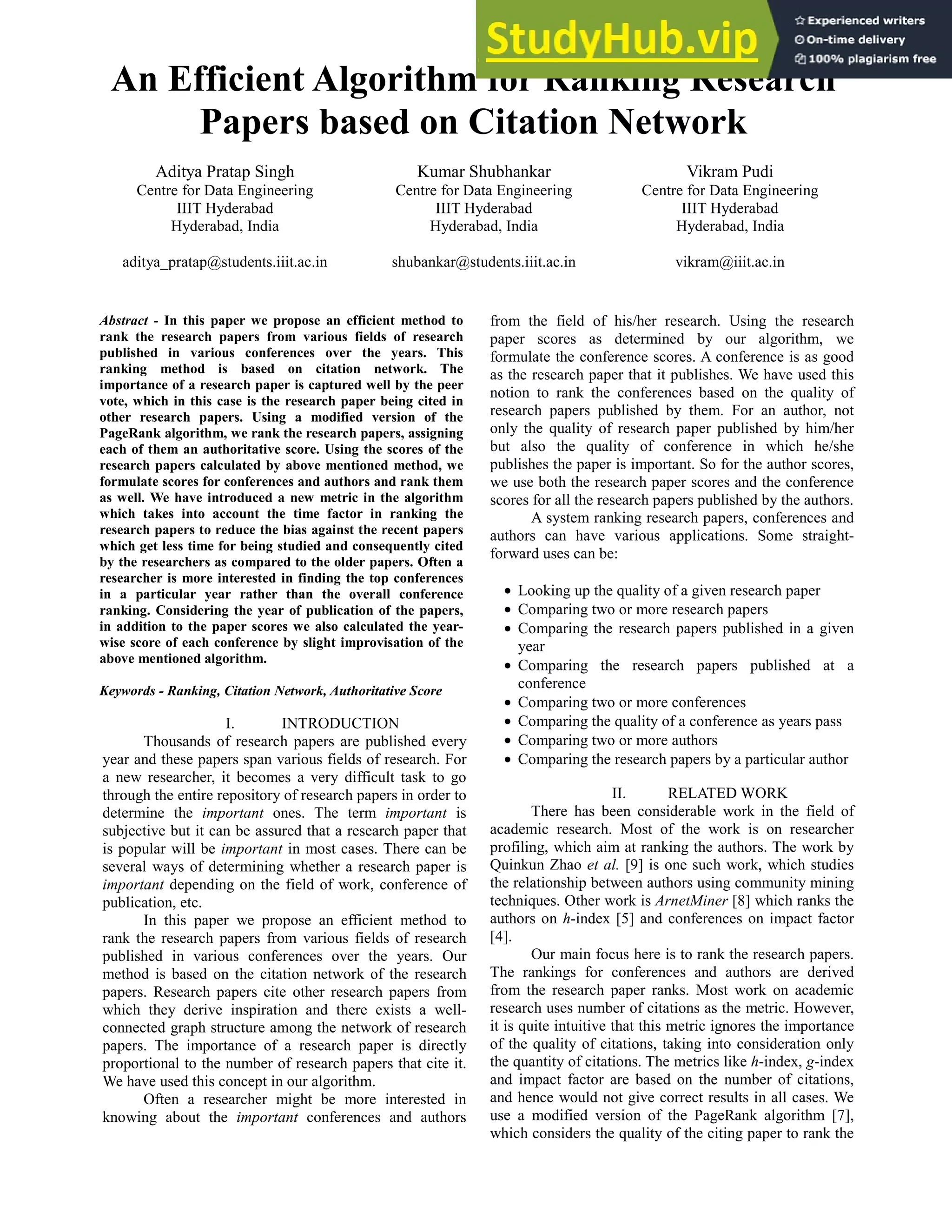 An Efficient Algorithm For Ranking Research Papers Based On Citation Network | PDF