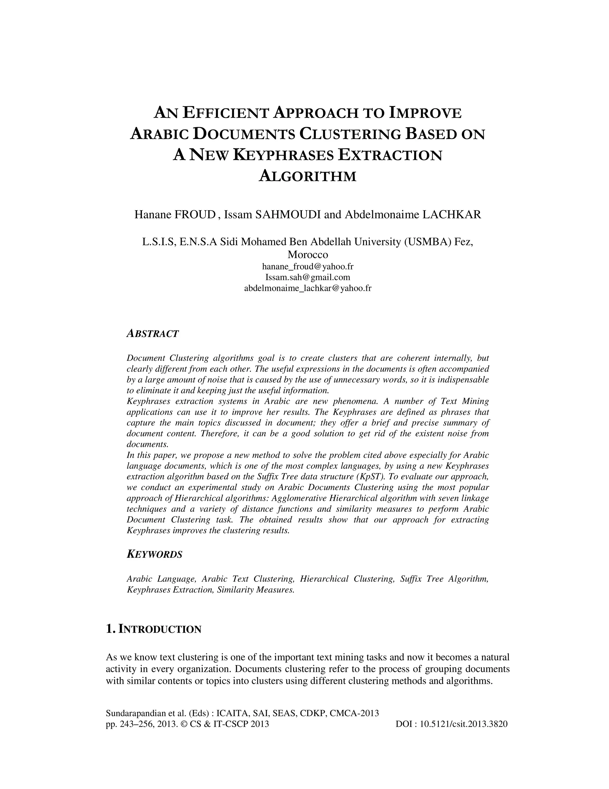An Efficient Approach To Improve Arabic Documents Clustering Based On A