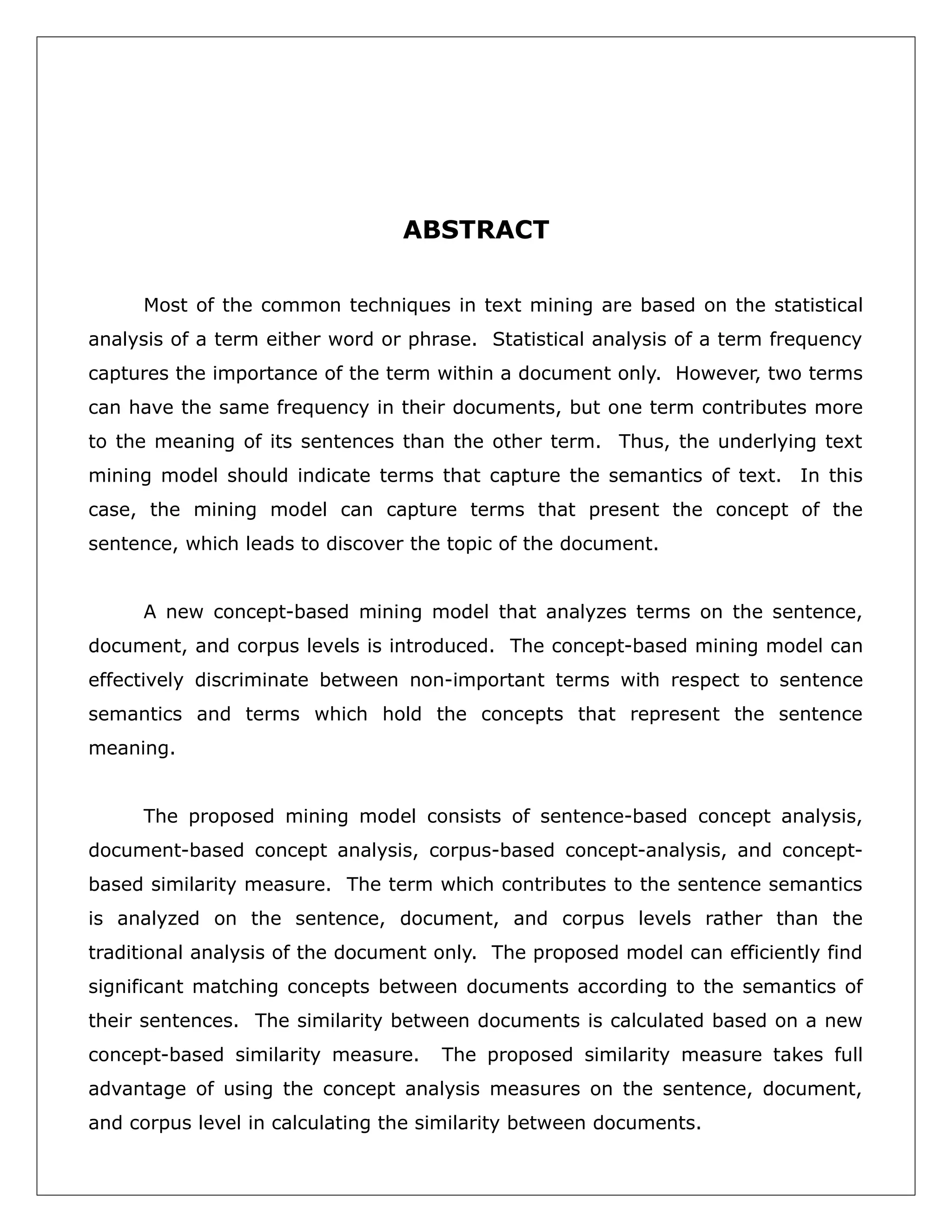 An efficient concept based mining model for enhancing text clustering(synopsis) | PDF