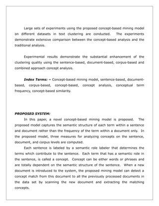 An efficient concept based mining model for enhancing text clustering(synopsis) | PDF