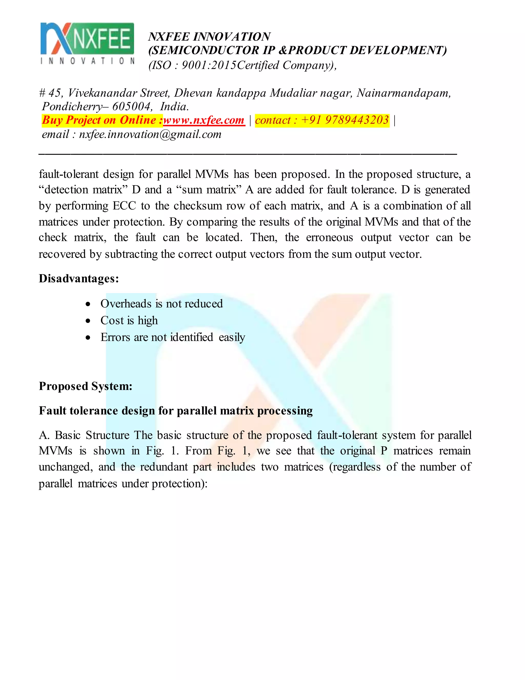 An Efficient Fault Tolerance Design For Integer Parallel Matrix Vector