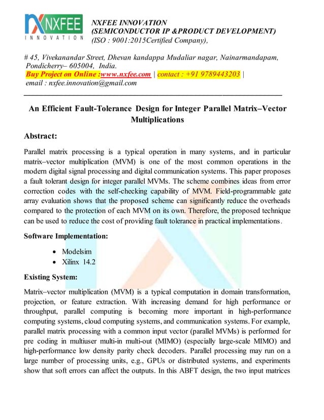 An Efficient Fault Tolerance Design For Integer Parallel Matrix Vector Pdf
