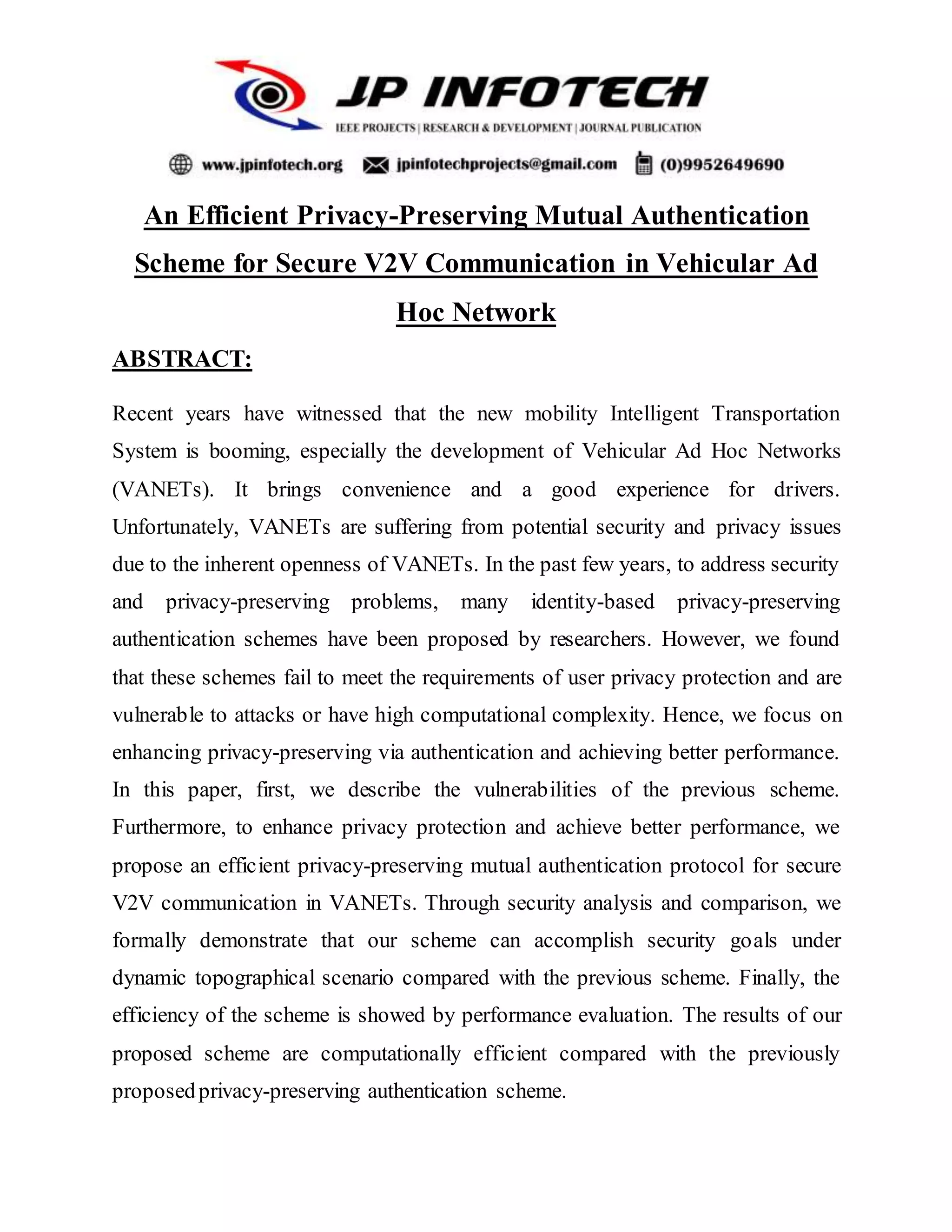 An Efficient Privacy-Preserving MutualAuthenticationScheme for Secure V2VCommunication in ...