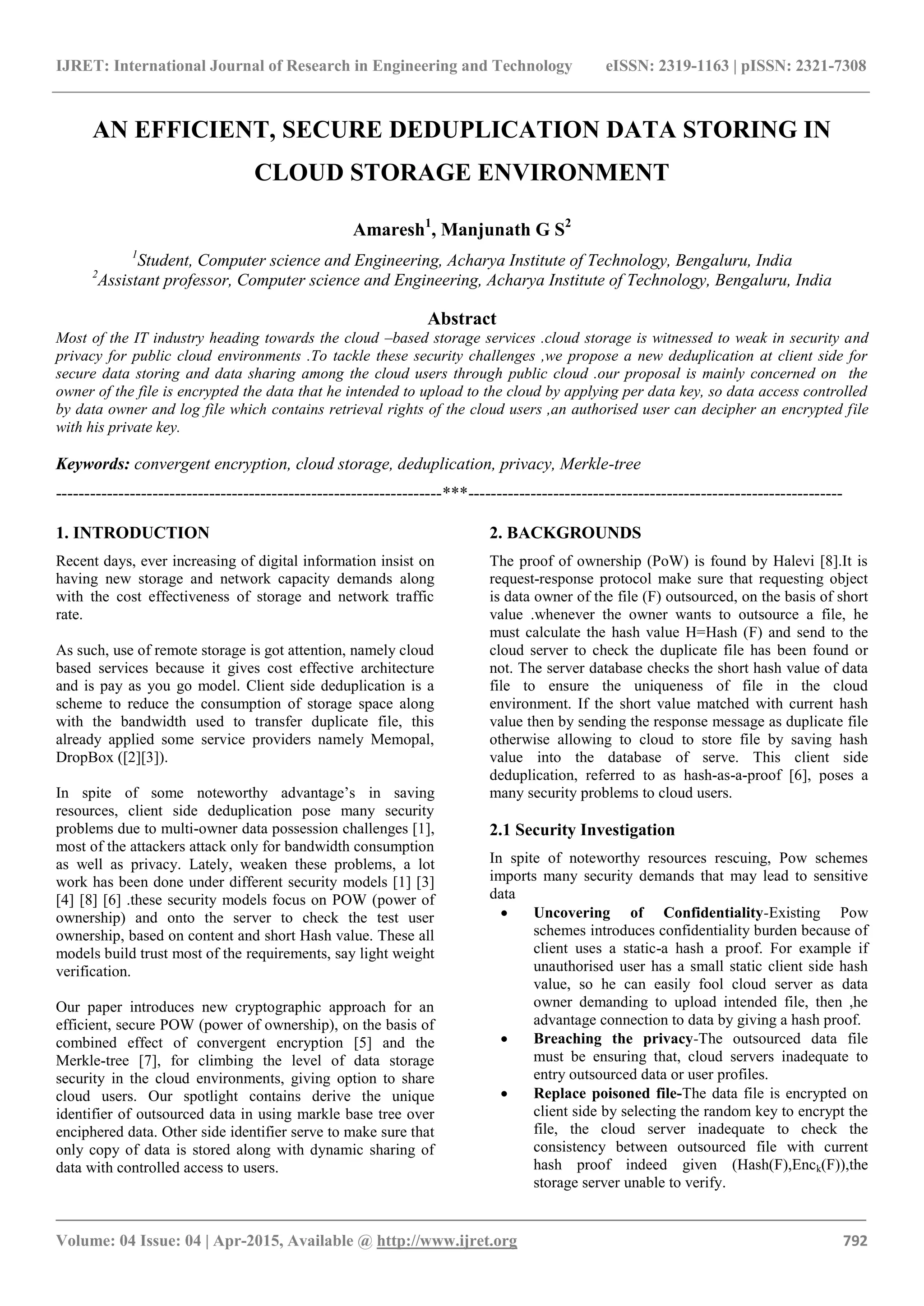 An Efficient Secure Deduplication Data Storing In Cloud Storage Environment Pdf