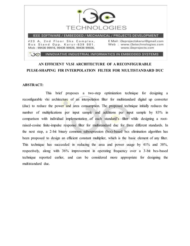 An efficient vlsi architecture of a reconfigurable pulse shaping fir interpolation filter for ...