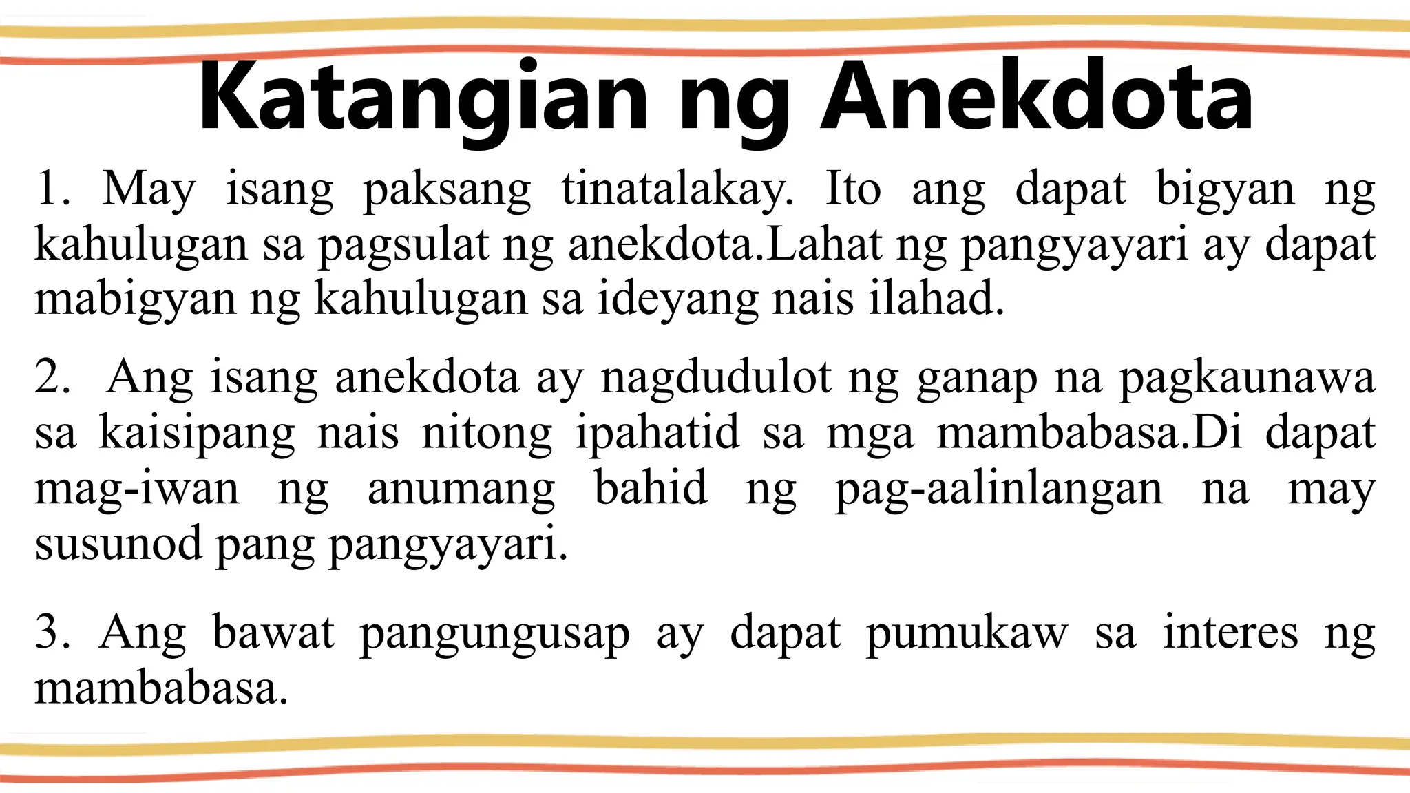 Ang Anekdota, Katangian at Elemento ng Anekdota | PPTX