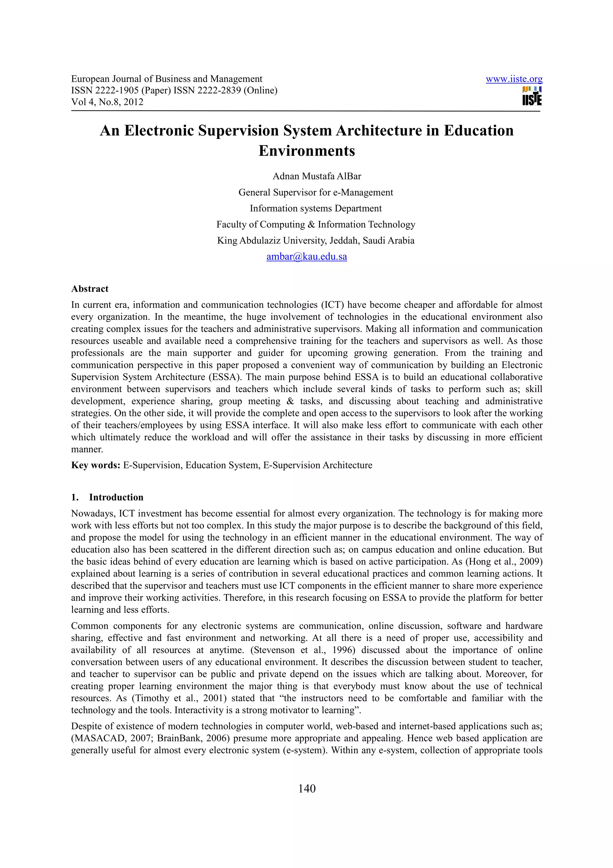 An electronic supervision system architecture in education environments ...