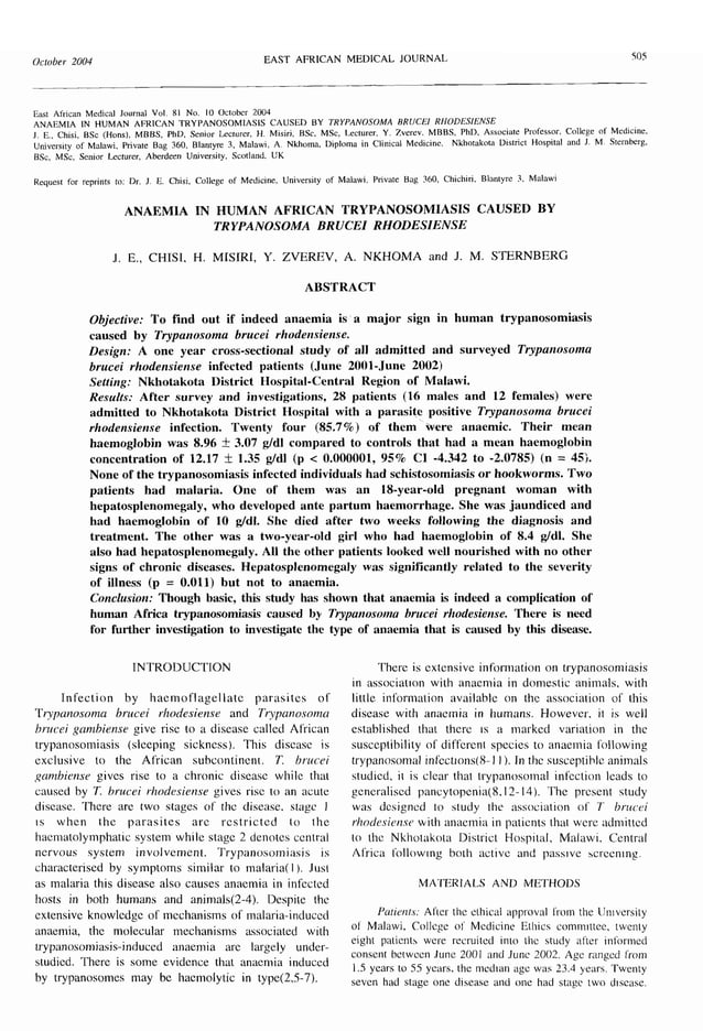 Anemia in human African Trypanosomiasis | PDF | Blood Disorders ...