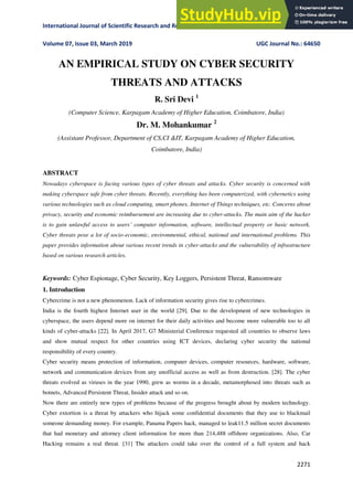 AN EMPIRICAL STUDY ON CYBER SECURITY THREATS AND ATTACKS | PDF