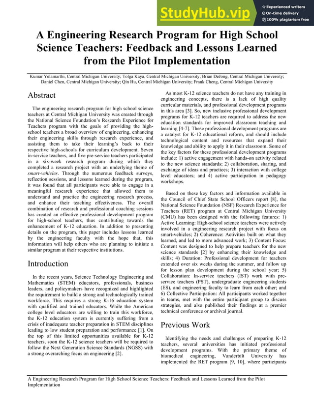 An Engineering Research Program For High School Science Teachers Feedback And Lessons Learned ...
