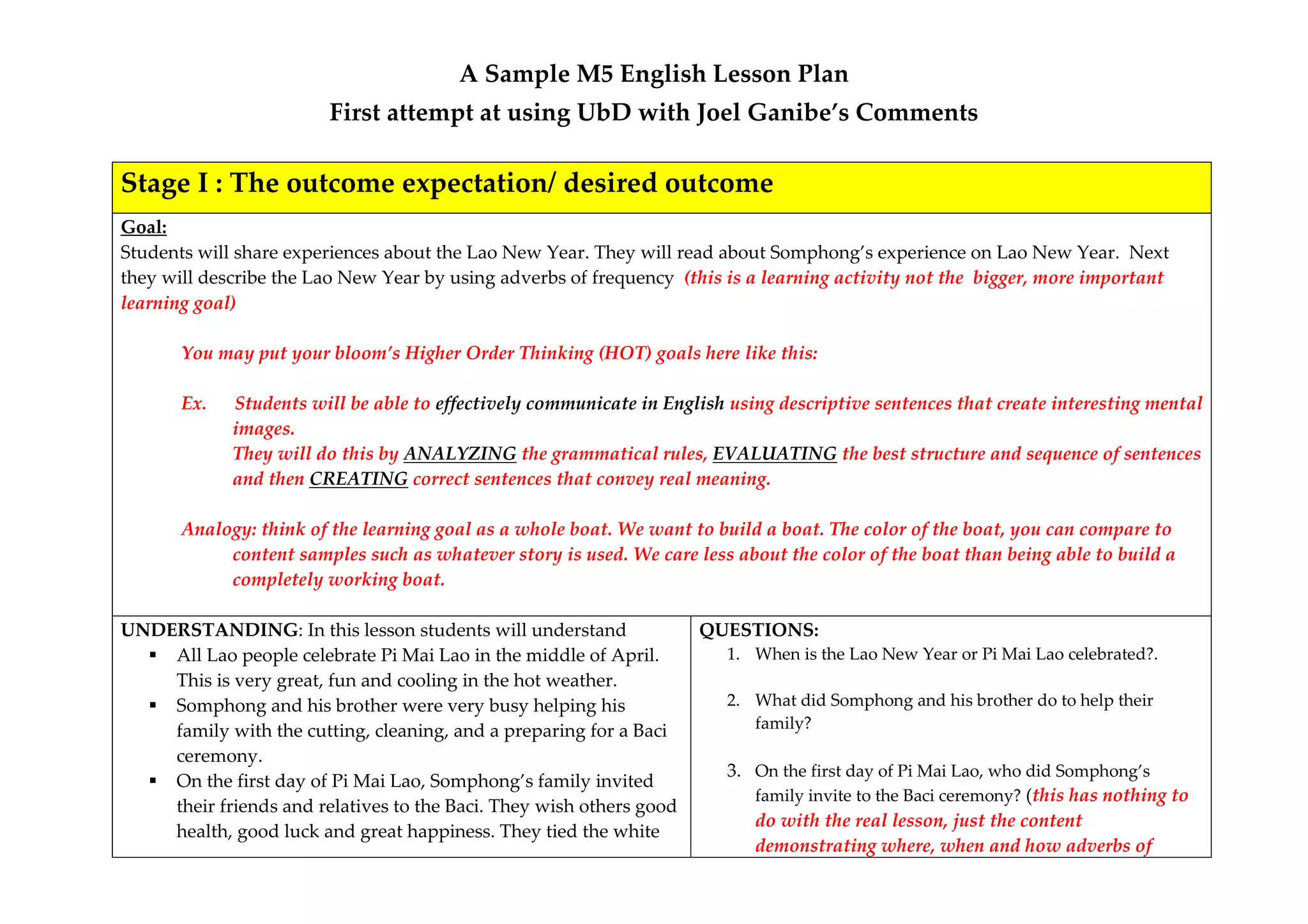 a first attempt at UbD Lesson Plan with some comments | PDF | Homework ...